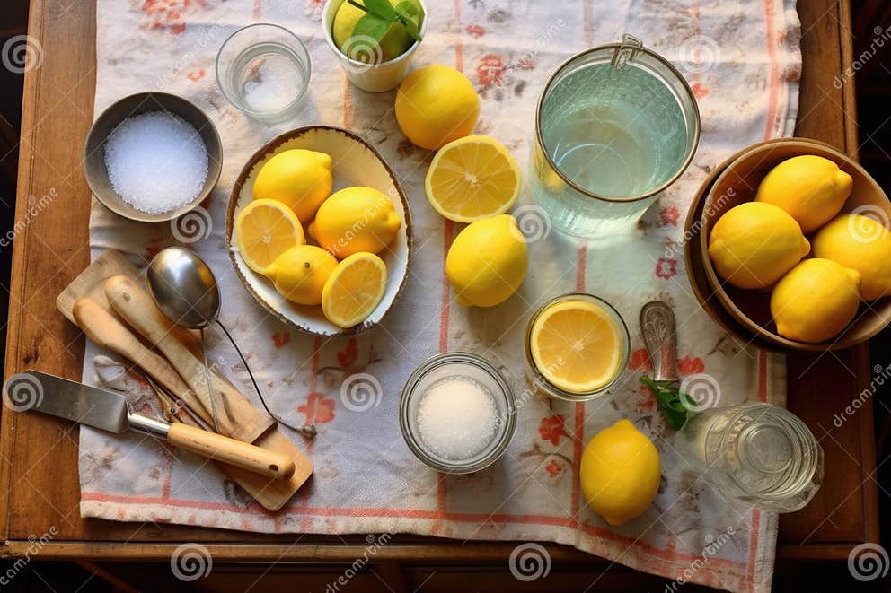 Top View of a Table with Lemons, Sugar, and Lemonade-making Tools Stock ...