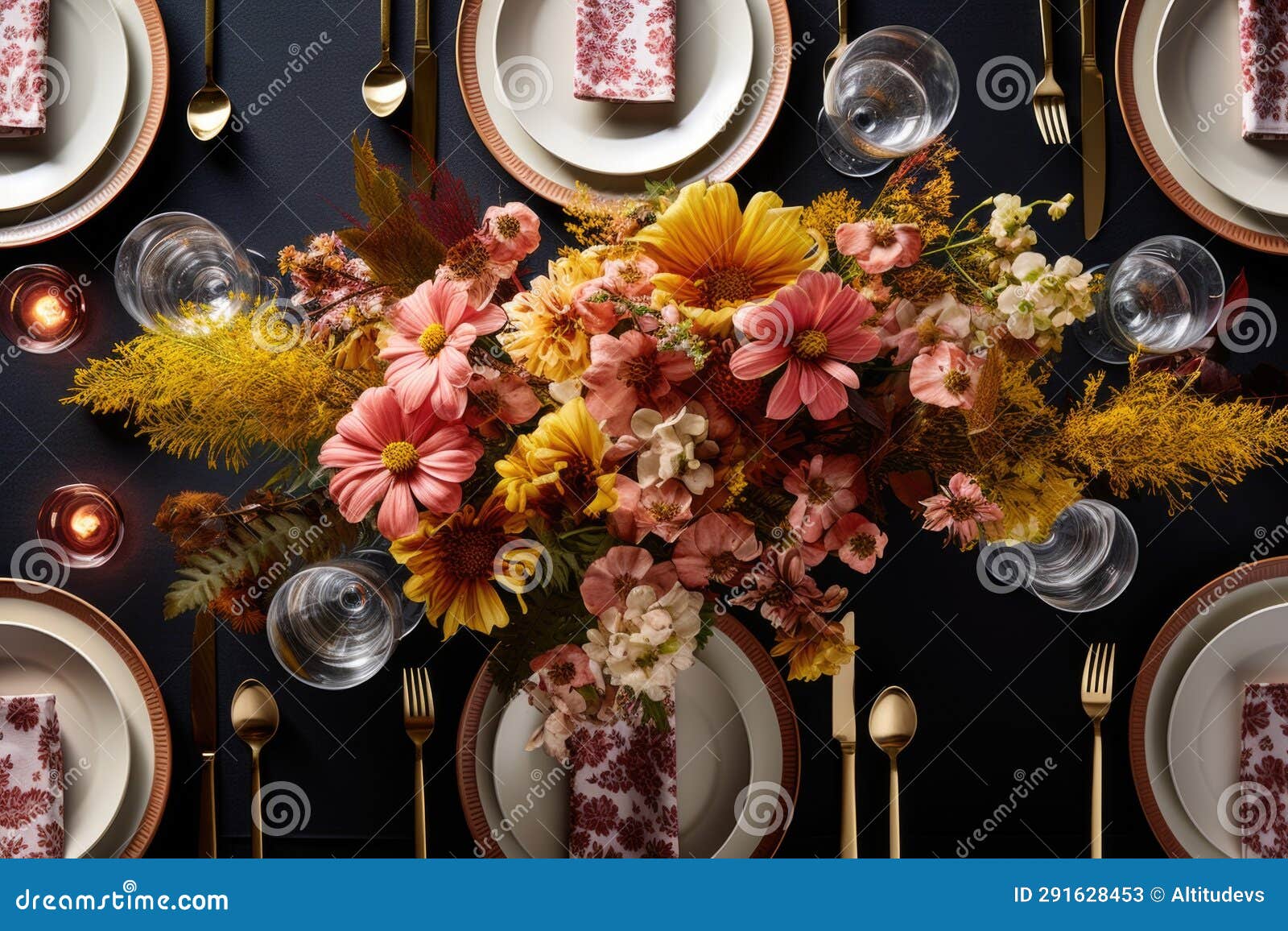 Top View of a Table with Place Settings, Dinnerware, and Flower ...