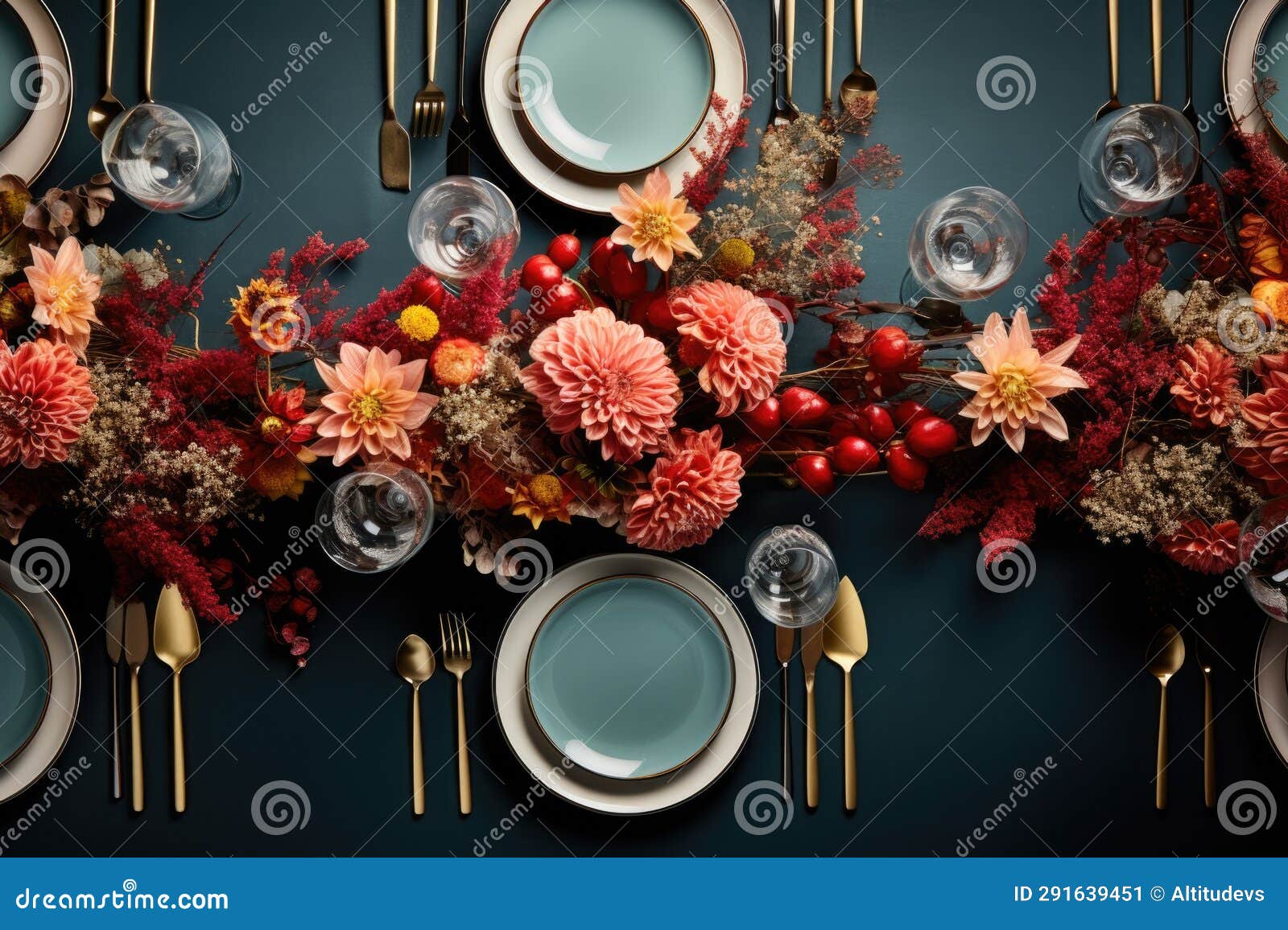 Top View of a Table with Place Settings, Dinnerware, and Flower ...