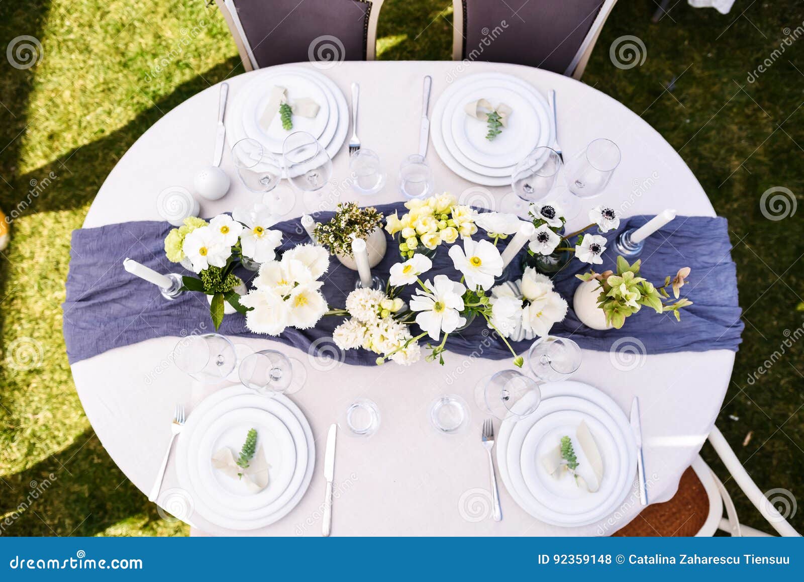 Top View of Table Setting with White and Green Flowers Stock Photo ...