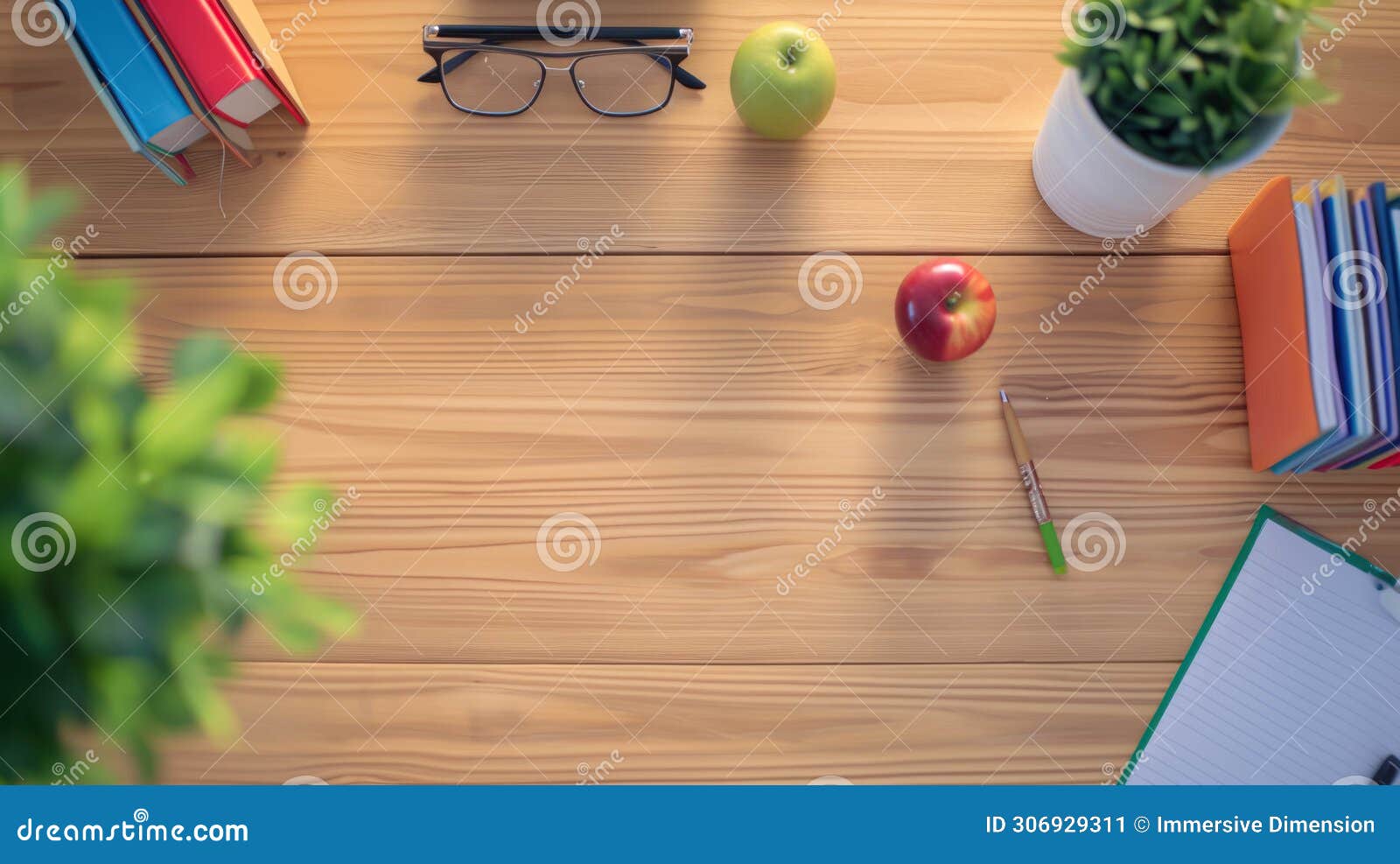 Top View of Teacher Desk in Classroom Desktop. Multiple School Supplies ...