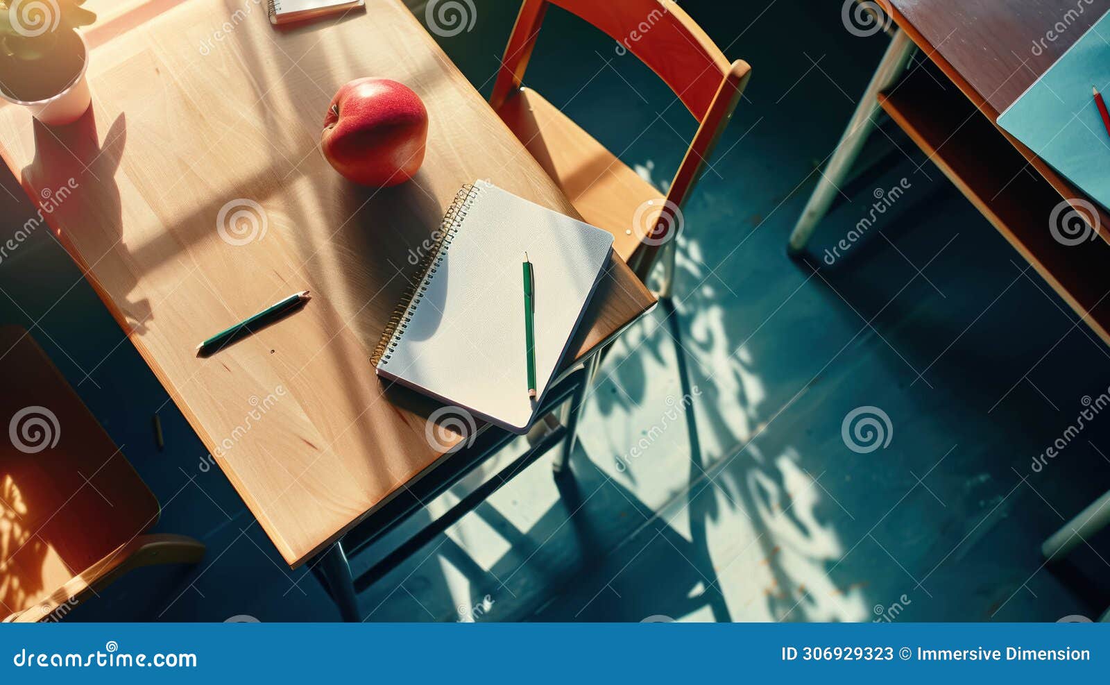 Top View of Teacher Desk in Classroom Desktop. Multiple School Supplies ...