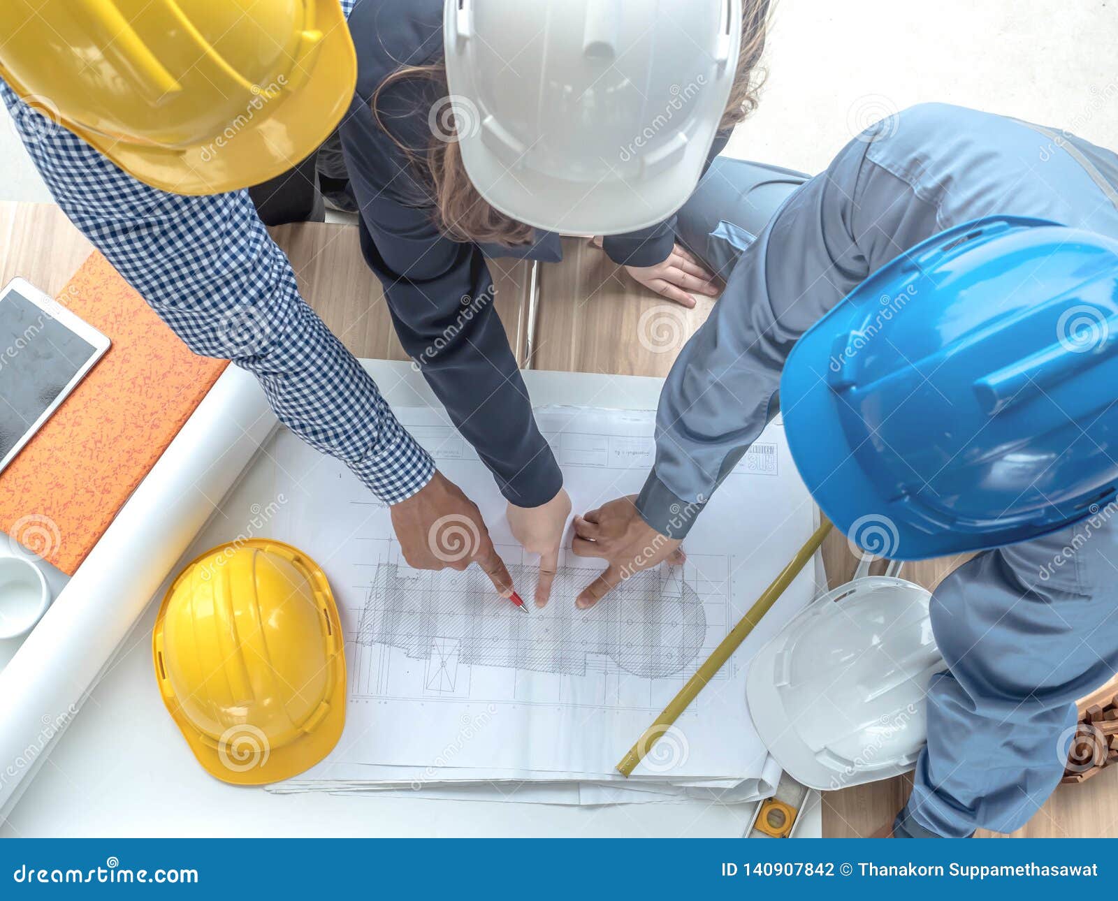 Top View Teamwork Concept, Engineer and Workers Discussing Project of ...