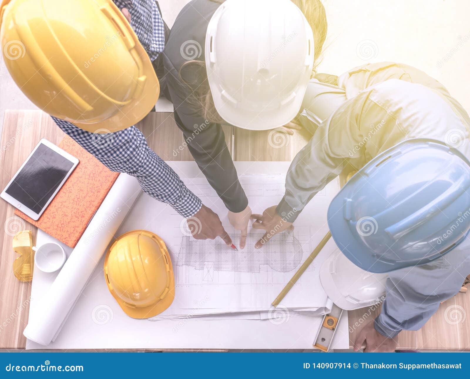 Top View Teamwork Concept, Engineer and Workers Discussing Project of ...