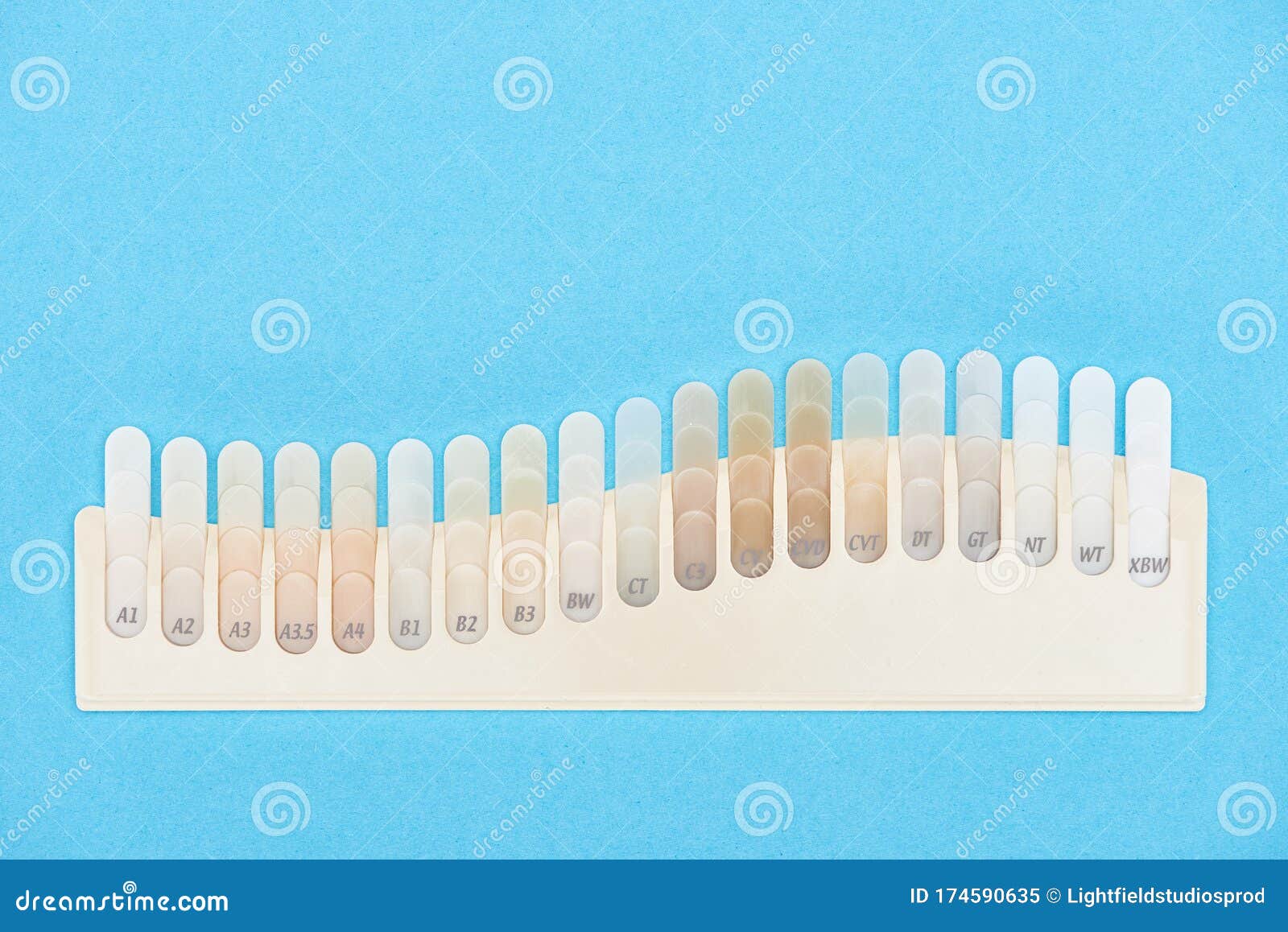 Top View of Teeth Samples with Different Shades Isolated on Blue. Stock ...
