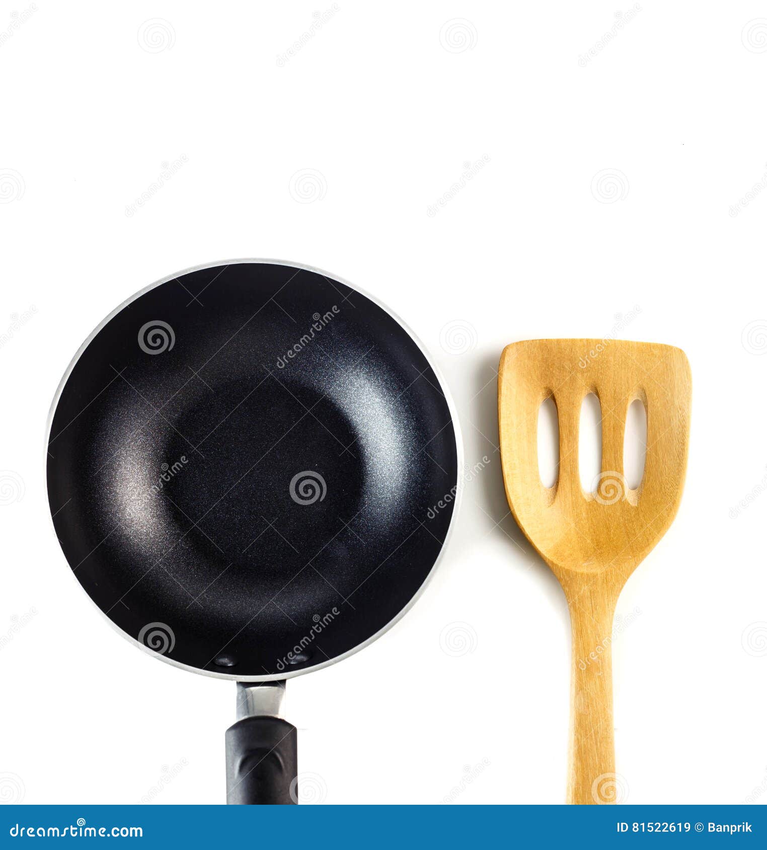 Top View of Teflon Pan and Flipper for Cook on White Stock Image ...