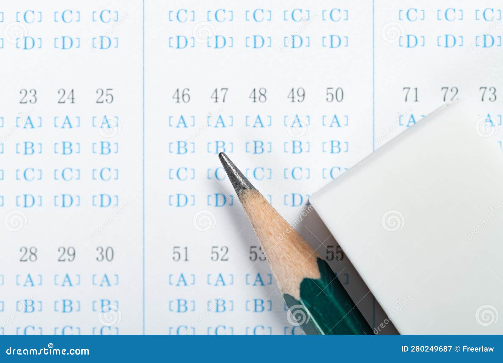 Test Score Sheet and Pencil and Eraser Close Up Horizontal Composition ...