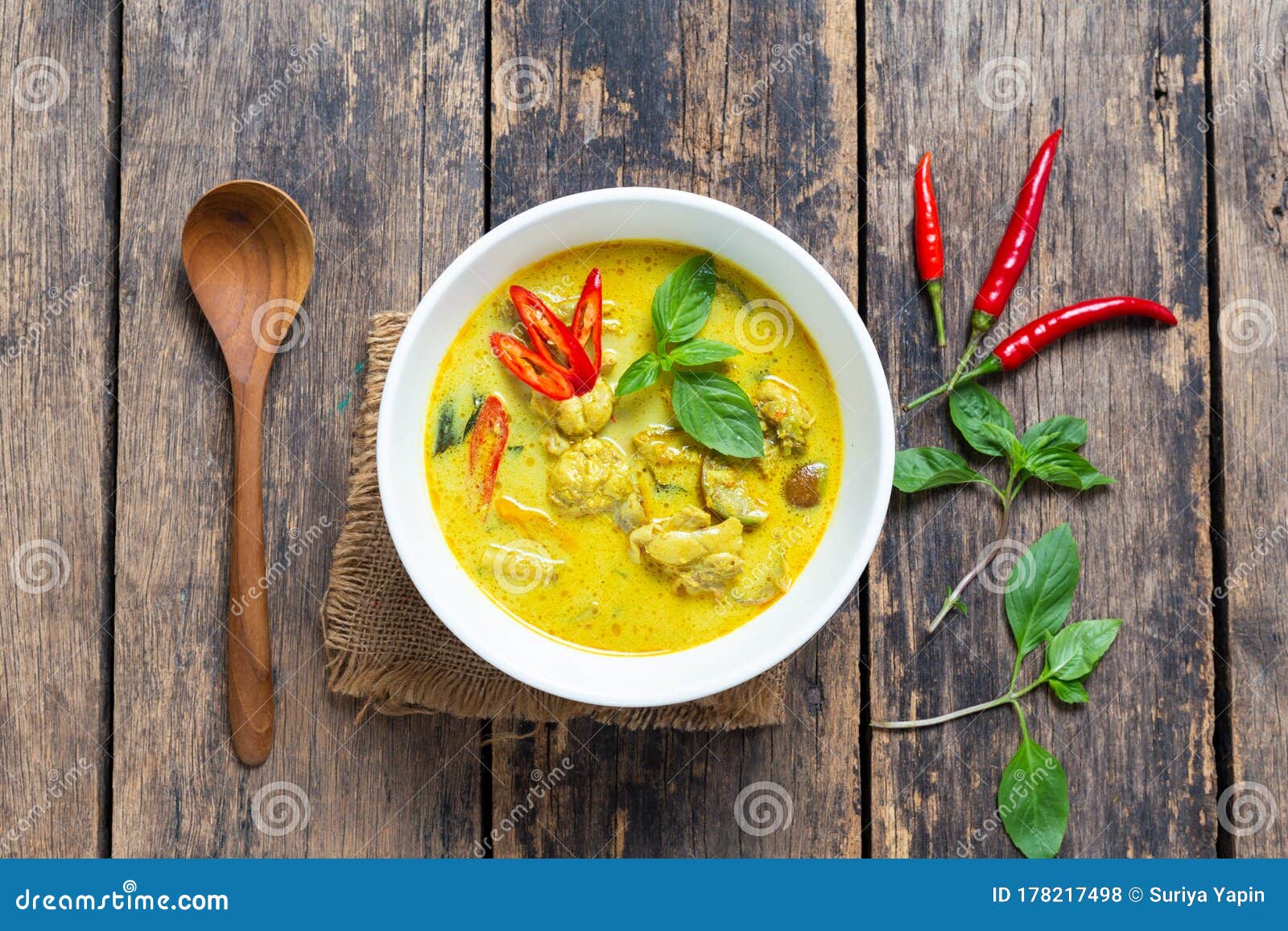 Top View Thai Food, Green Curry Chicken Stock Photo - Image of basil ...