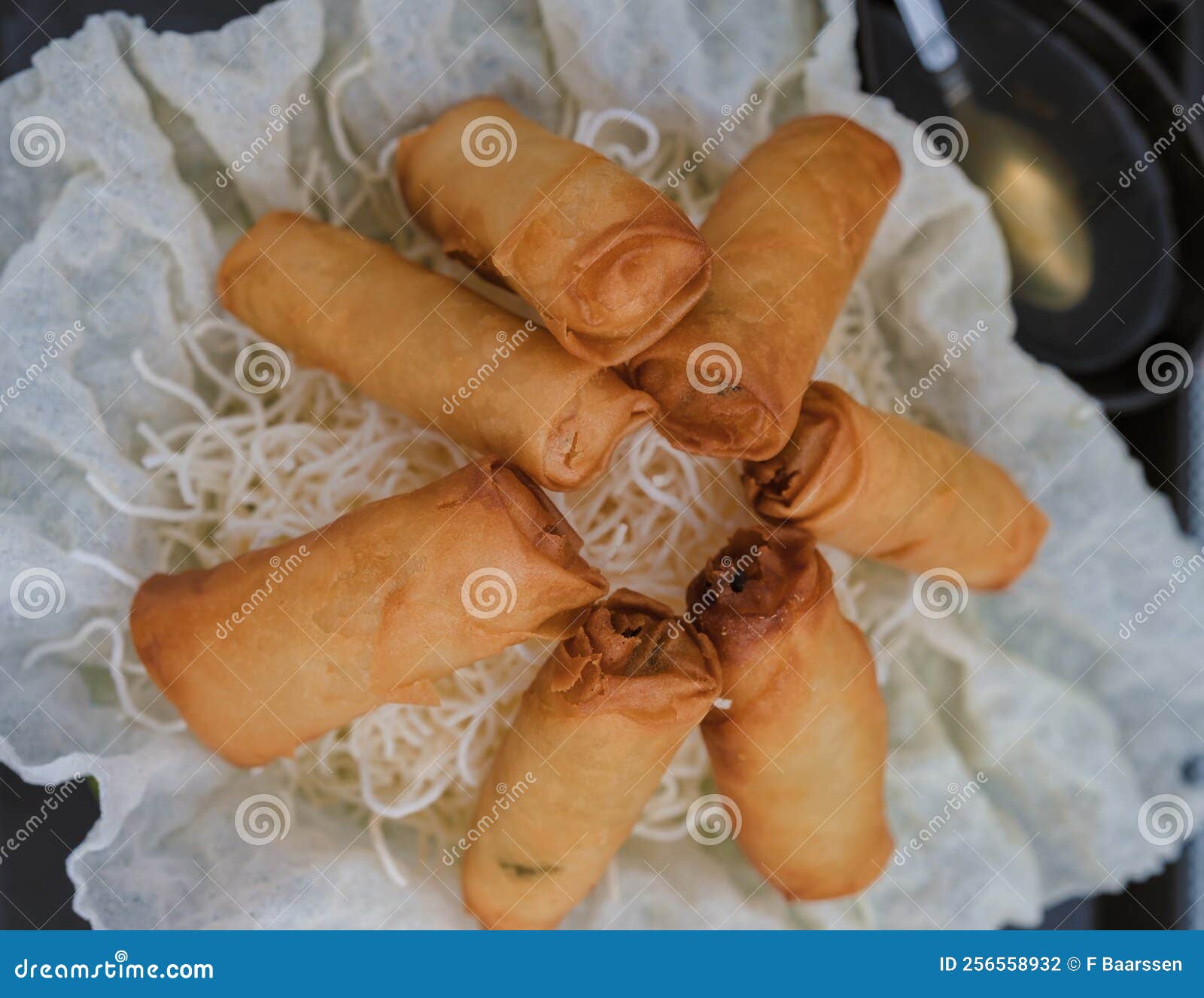 Top View of Thai Spring Rolls on a Plate Stock Photo - Image of sauce ...