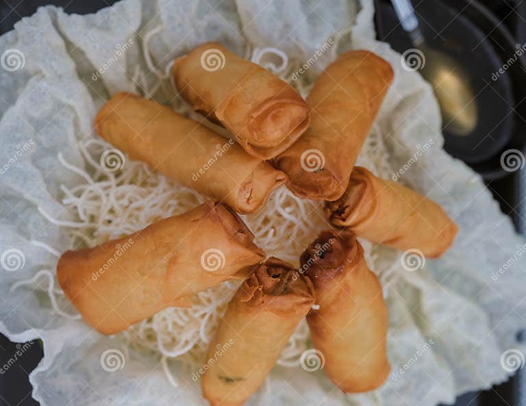 Top View of Thai Spring Rolls on a Plate Stock Photo - Image of sauce ...