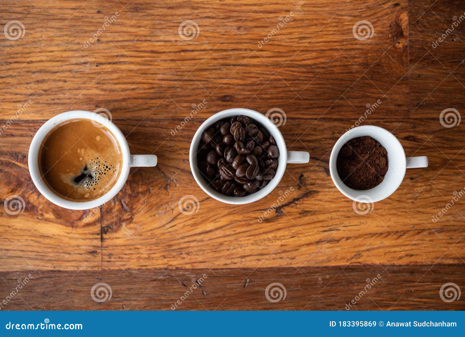 Top View of Three Different Varieties of Coffee on Wooden Background ...