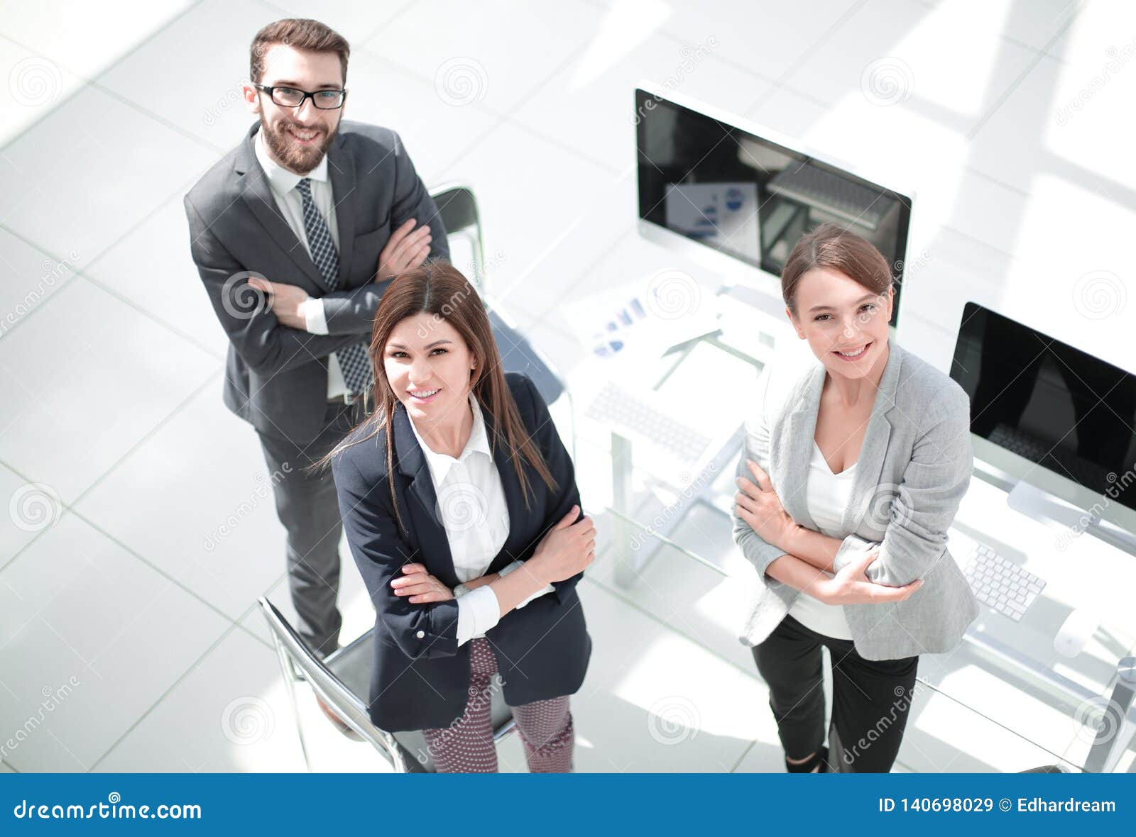 Top View. Three Employees Standing in the Office Stock Image - Image of ...