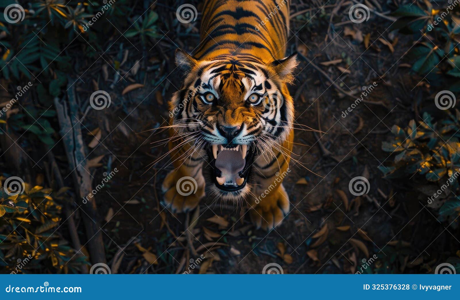 Top View of a Tiger Roaring in the Forest Stock Photo - Image of bengal ...