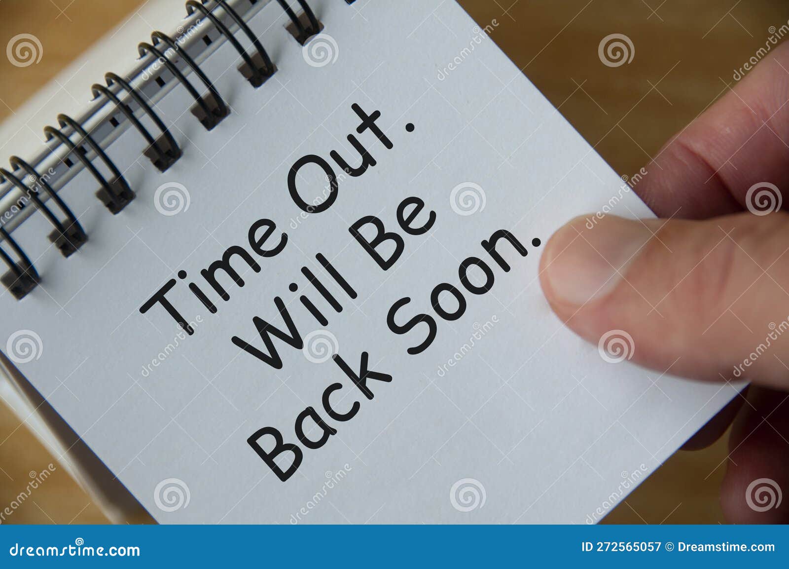 Top View of Time Out. Will Be Back Soon Text on White Notepad. Business ...