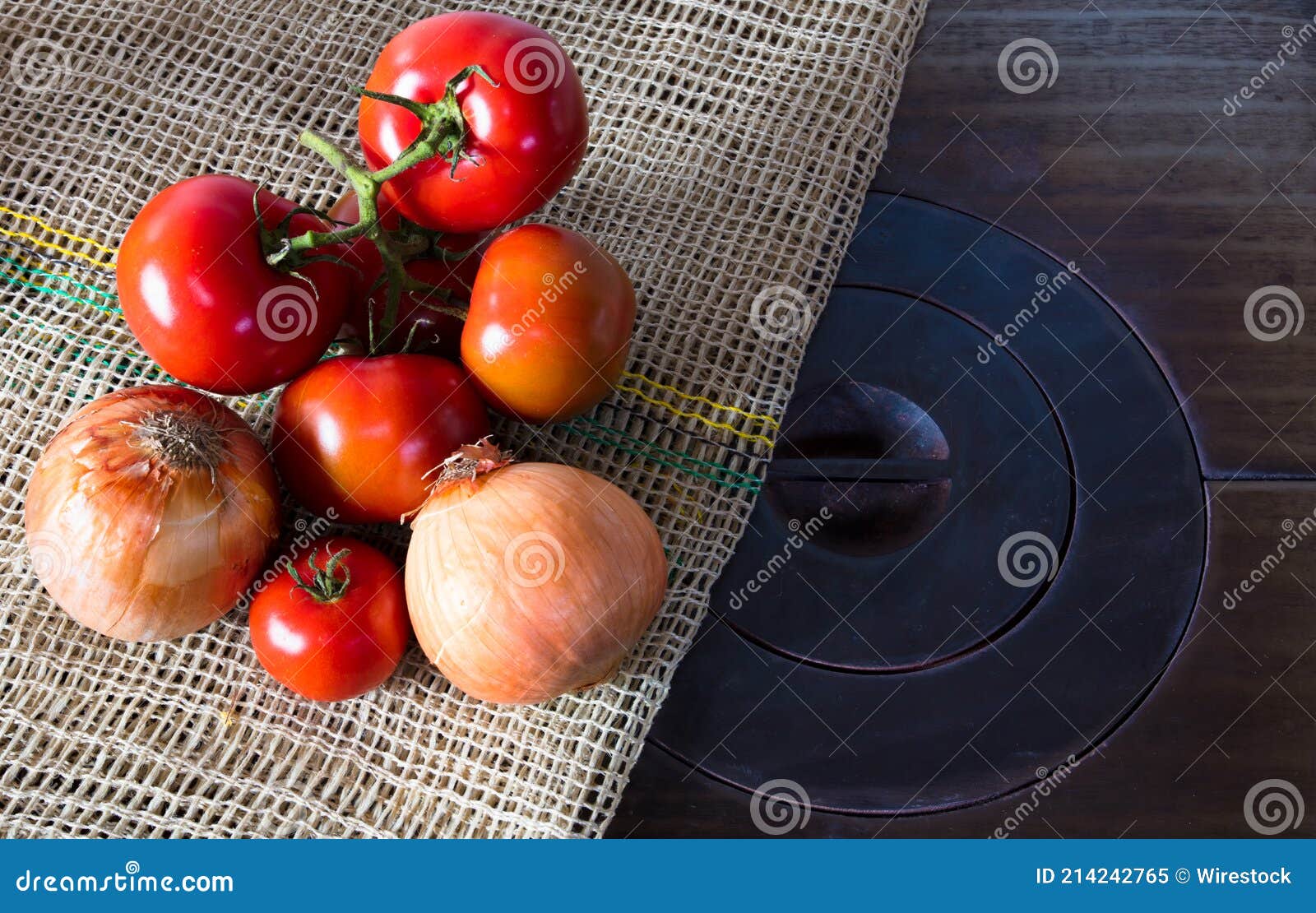 Top View of Tomatoes and Onions on a Nesting Bag Stock Image - Image of ...