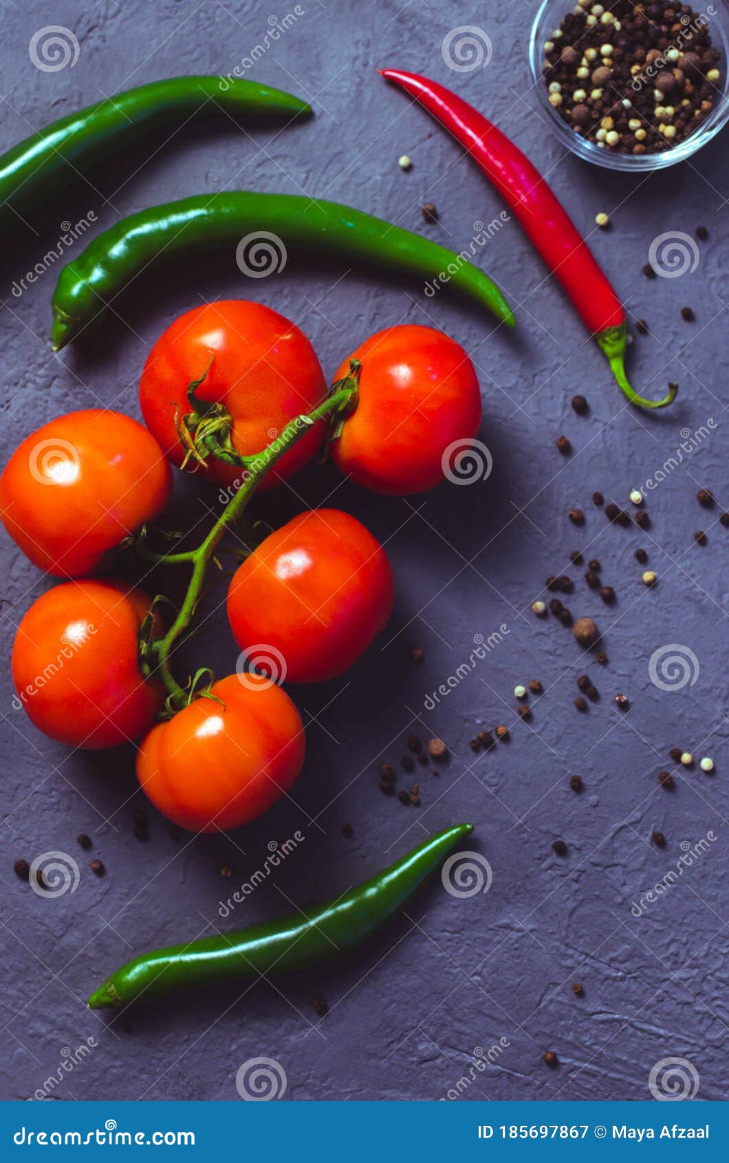Top View Tomatoes and Red Chilli on a Blue Stone Background Stock Image ...