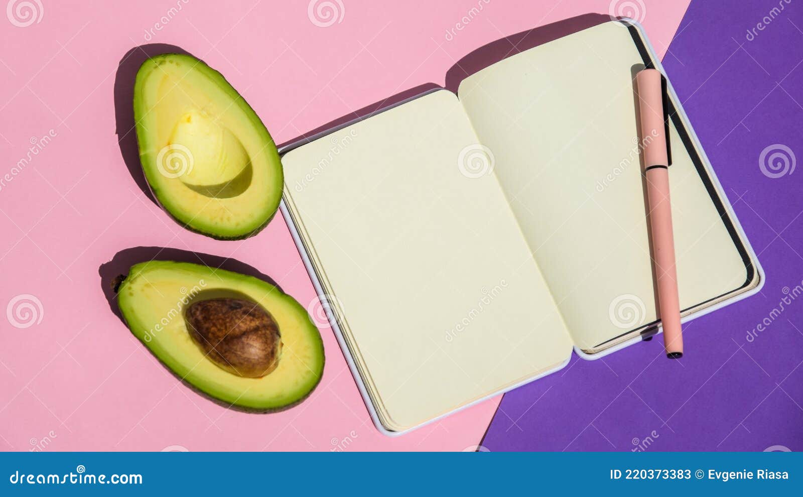 Top View. Top View an Empty Notepad and Sliced Avocado on a Pink ...