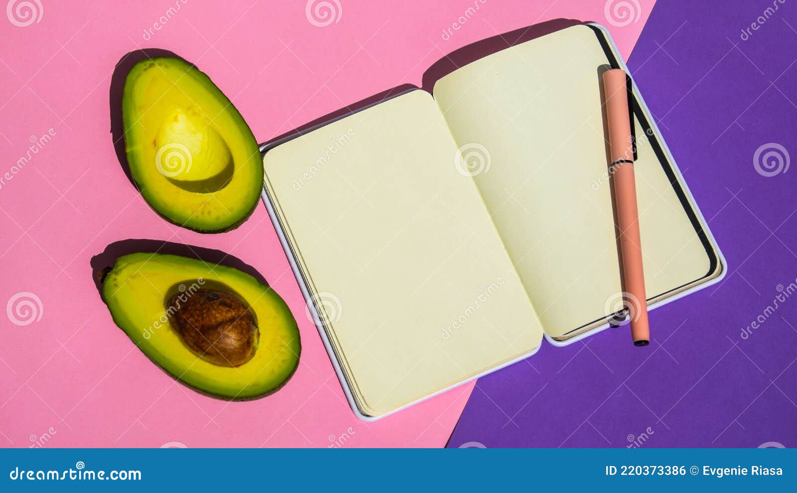 Top View. Top View an Empty Notepad and Sliced Avocado on a Pink ...