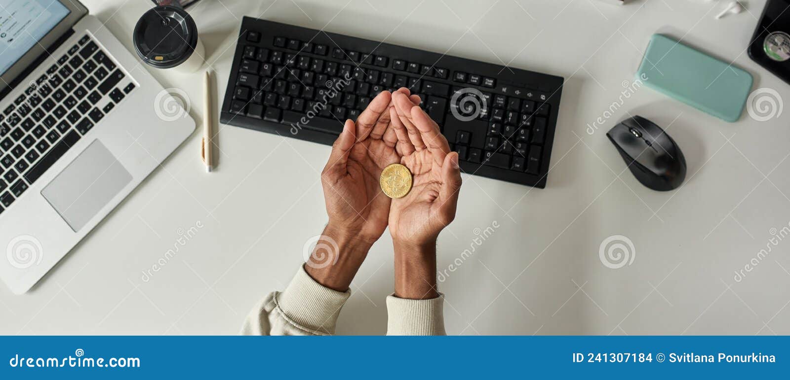 Top View of Trader Hands Holding Bitecoin Coin Stock Photo - Image of ...