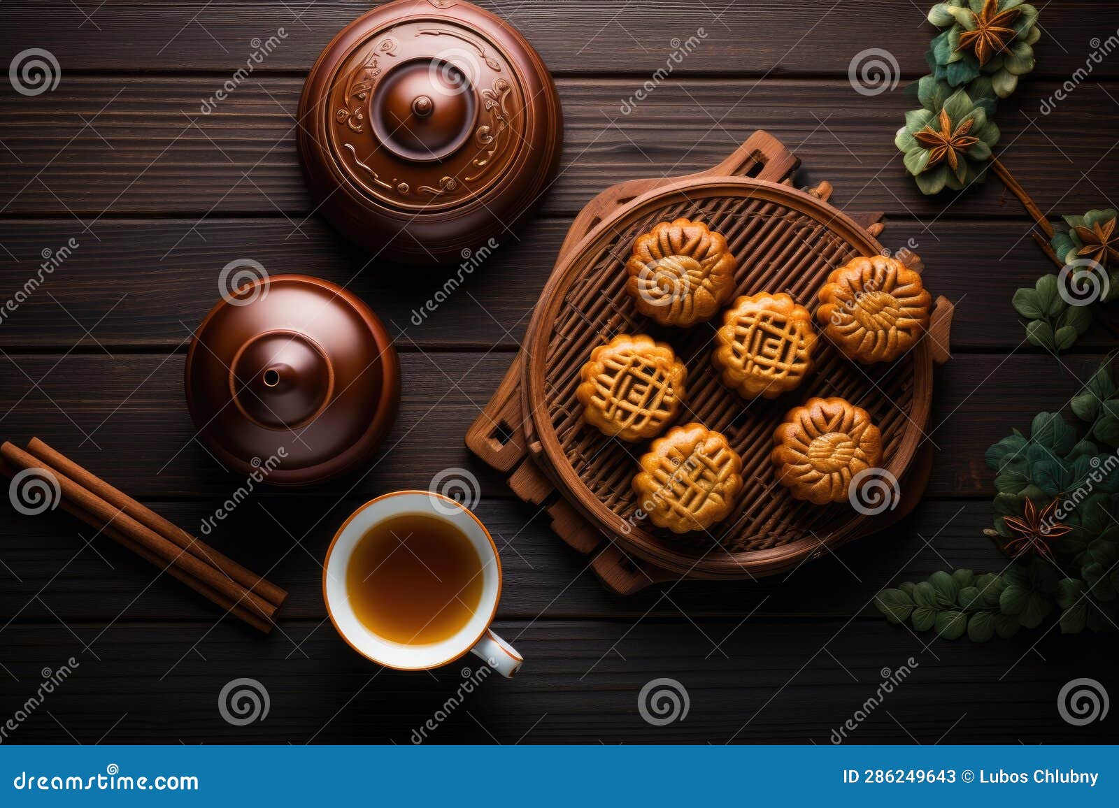 Top View of Traditional Moon Cakes, Tea Pot and Cups on Table Stock ...