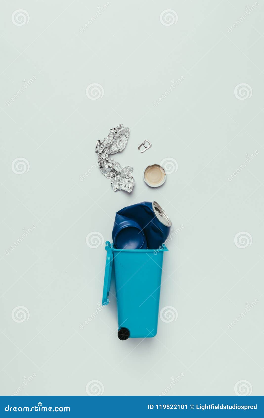 Top View of Trash Bin with Assorted Garbage Isolated on Grey, Recycling ...