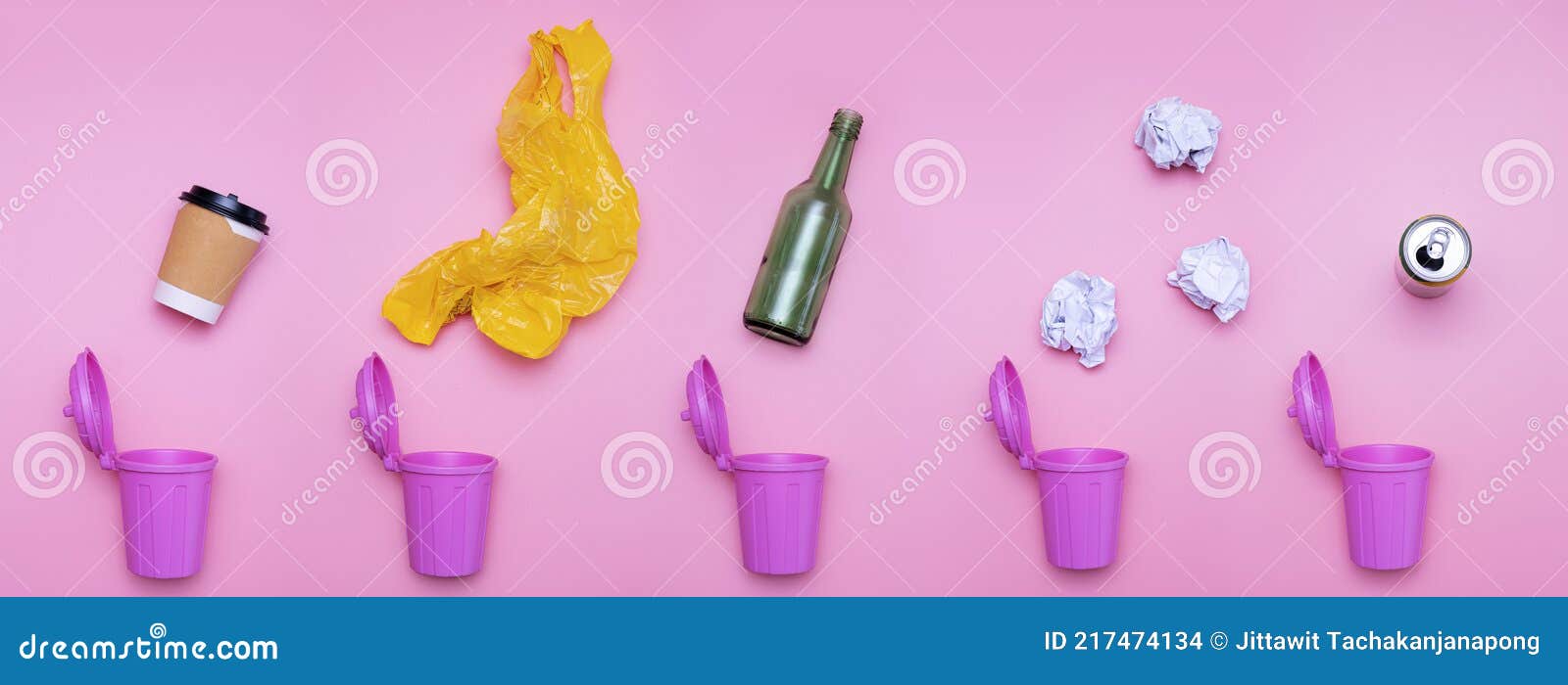 Top View of Trash Bins and Assorted Garbage Isolated on Pink Stock ...
