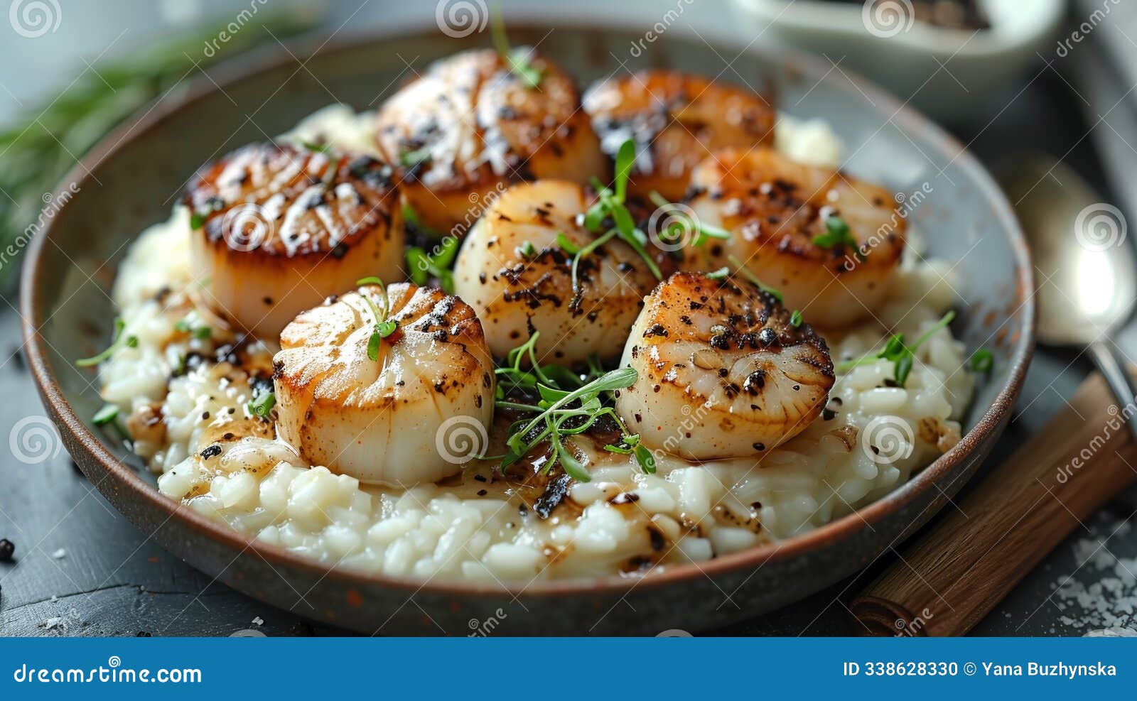 Top View of Truffle Risotto Topped with Seared Scallops, Garnished with ...