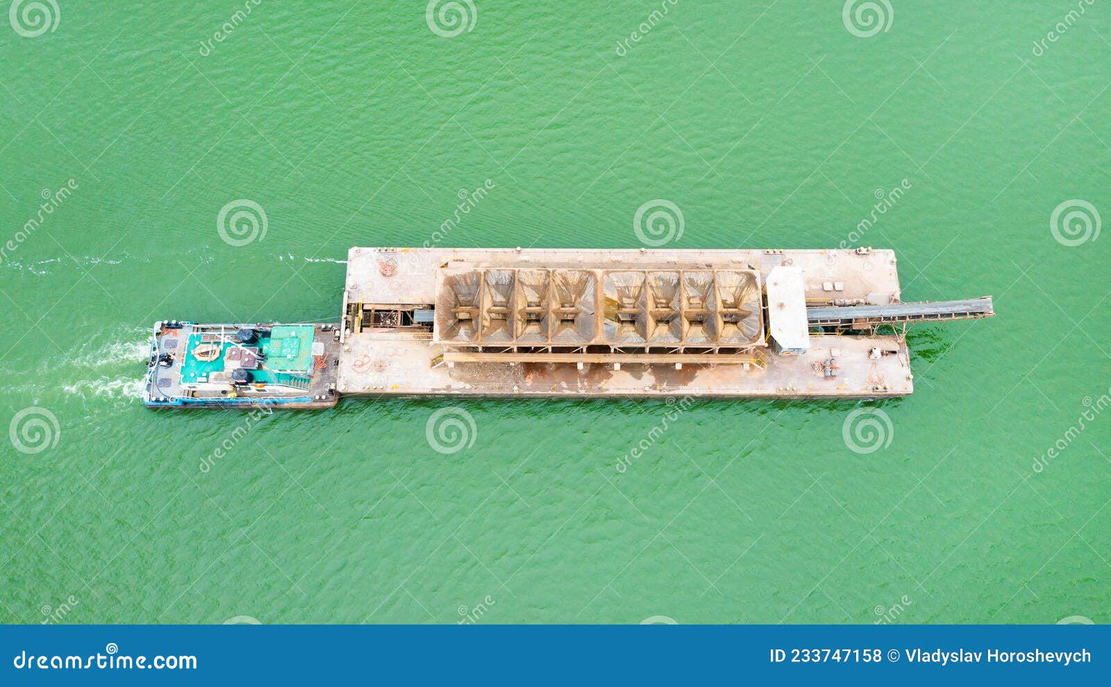 Top View of Tugboat Pushing a Heavy Barge on the River Stock Photo ...