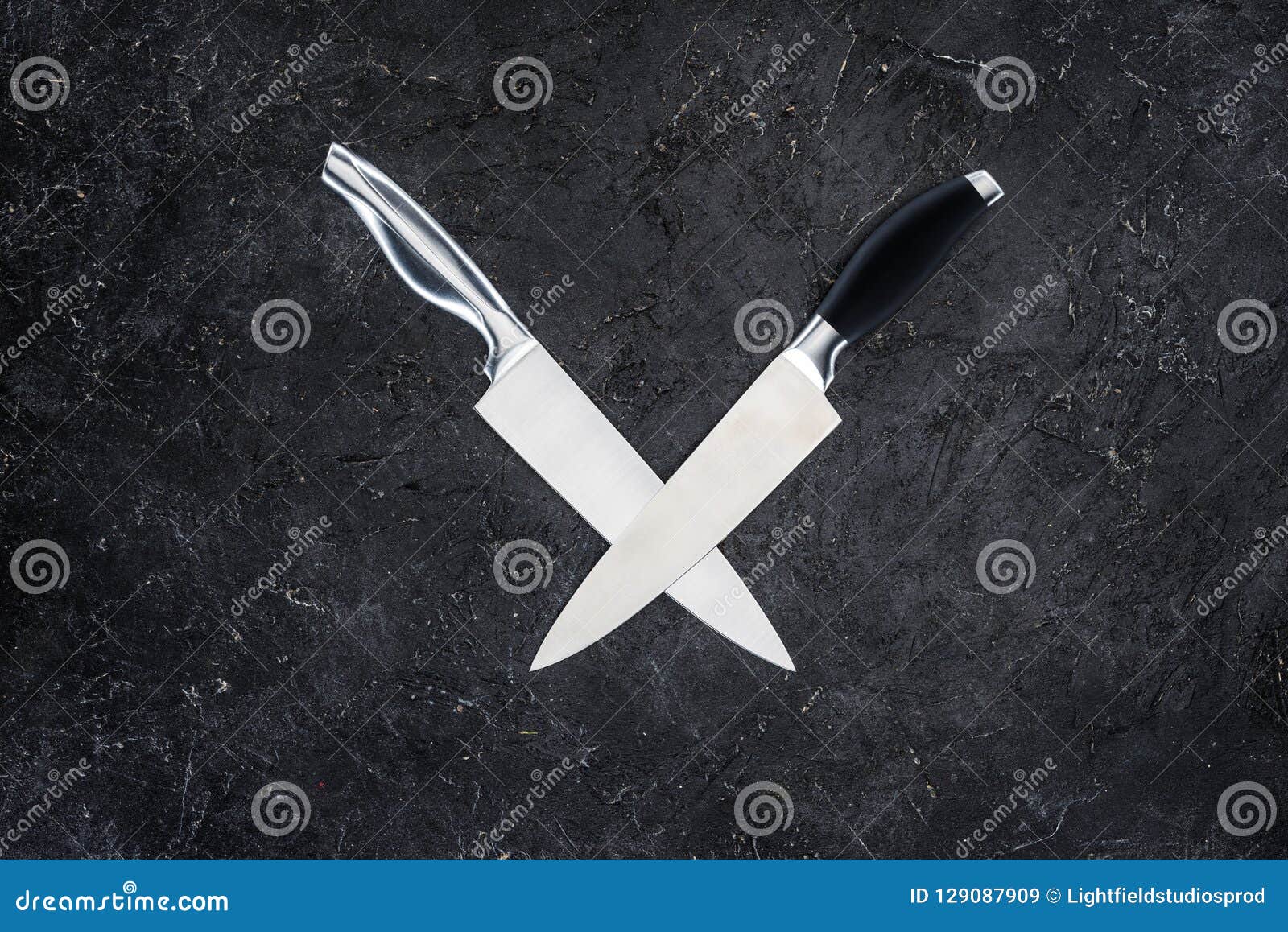Top View of Two Kitchen Knives Arranged on Black Stock Image - Image of ...