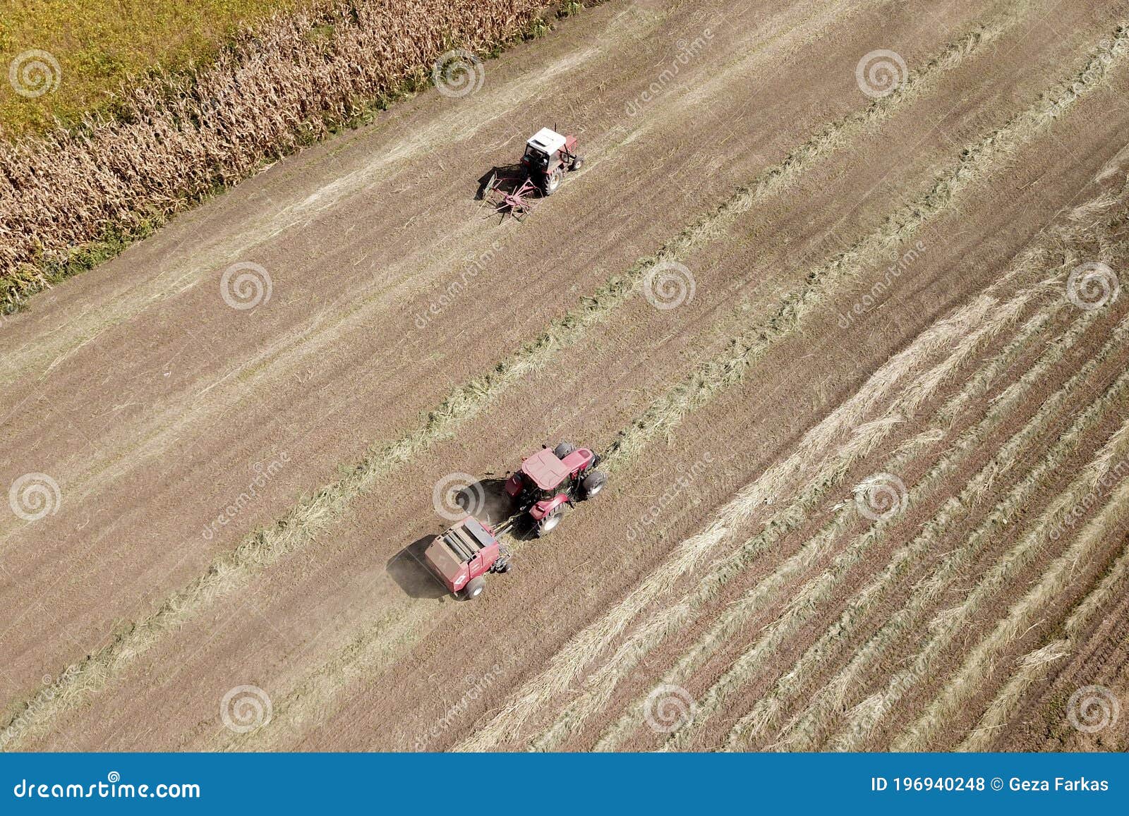 Top View of Two Red Tractor Baling Hay Stock Photo - Image of ...