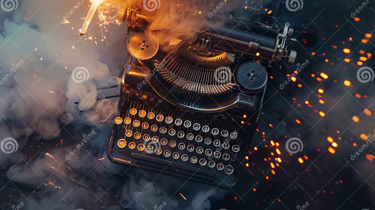 Top View Typewriter, Smoke, Sparks, Stock Photo - Image of dark, fire ...