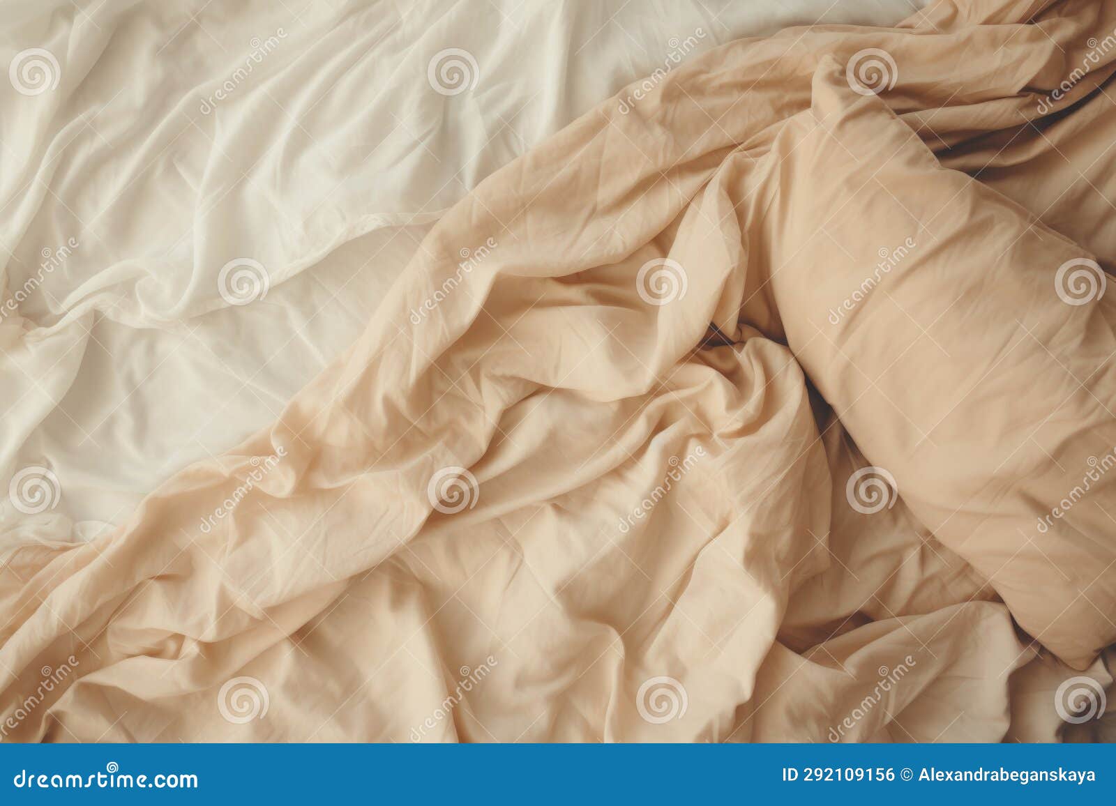 Top View of an Unmade Beige Bed with a Crumpled Sheet Stock ...