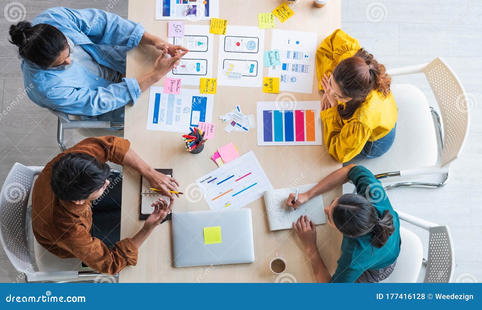 Top View Ux Developer And Ui Designer Brainstorming About Mobile App Interface Wireframe Design