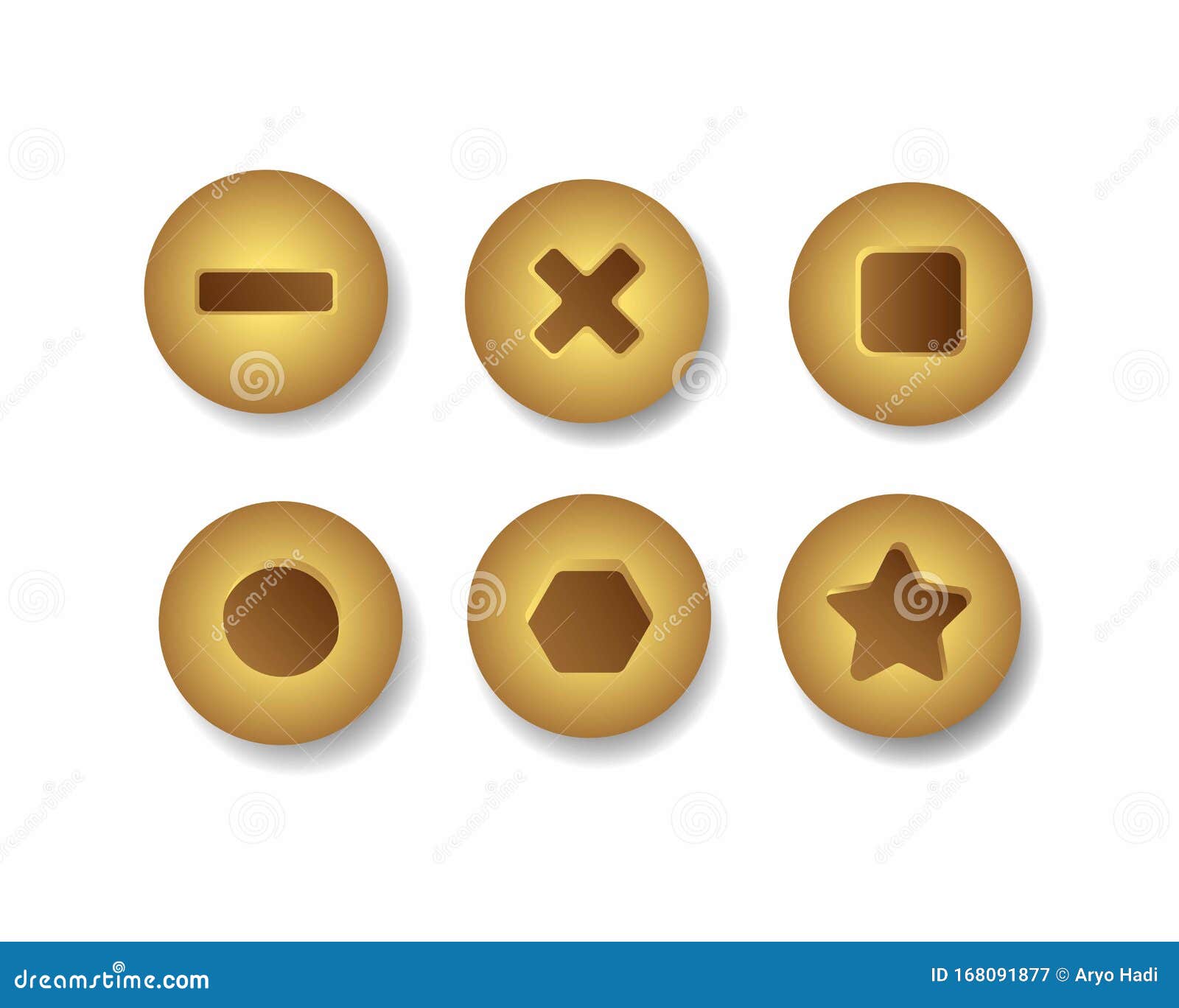 Top View Of Variation Of Gold Or Bronze Screw Head Icon Set Realistic ...