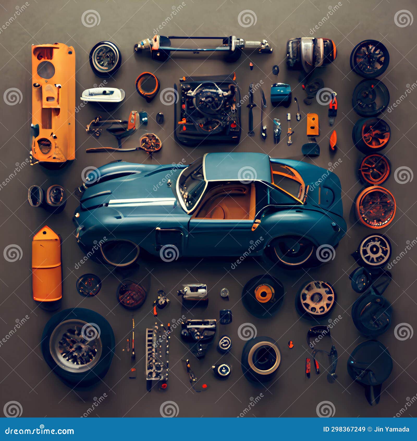 Top View of Various Car Parts on Dark Background. Flat Lay Stock ...