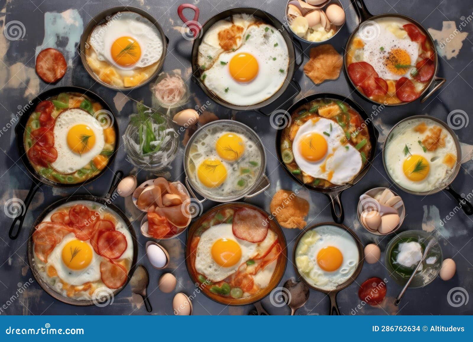 Top View of Various Fried Egg Styles in a Pan Stock Photo - Image of ...