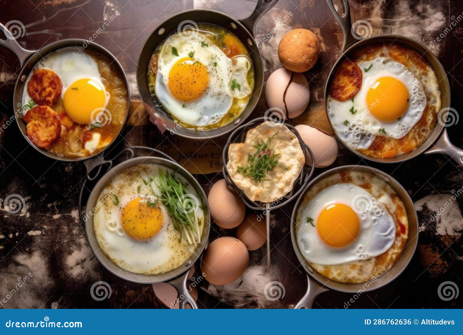 Top View of Various Fried Egg Styles in a Pan Stock Photo - Image of ...