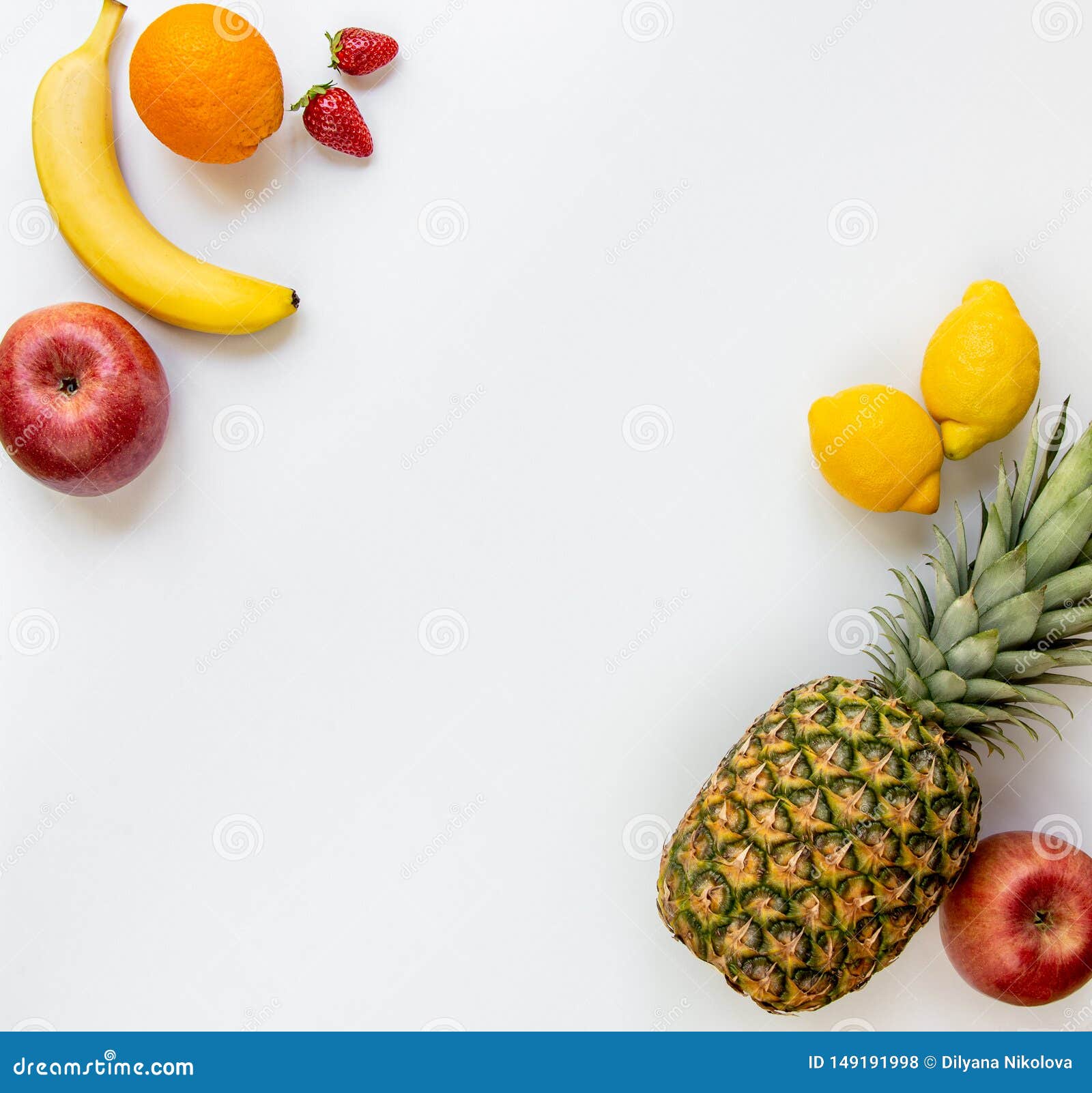 Top View of Various Fruits on a White Background. Copy Space Stock ...