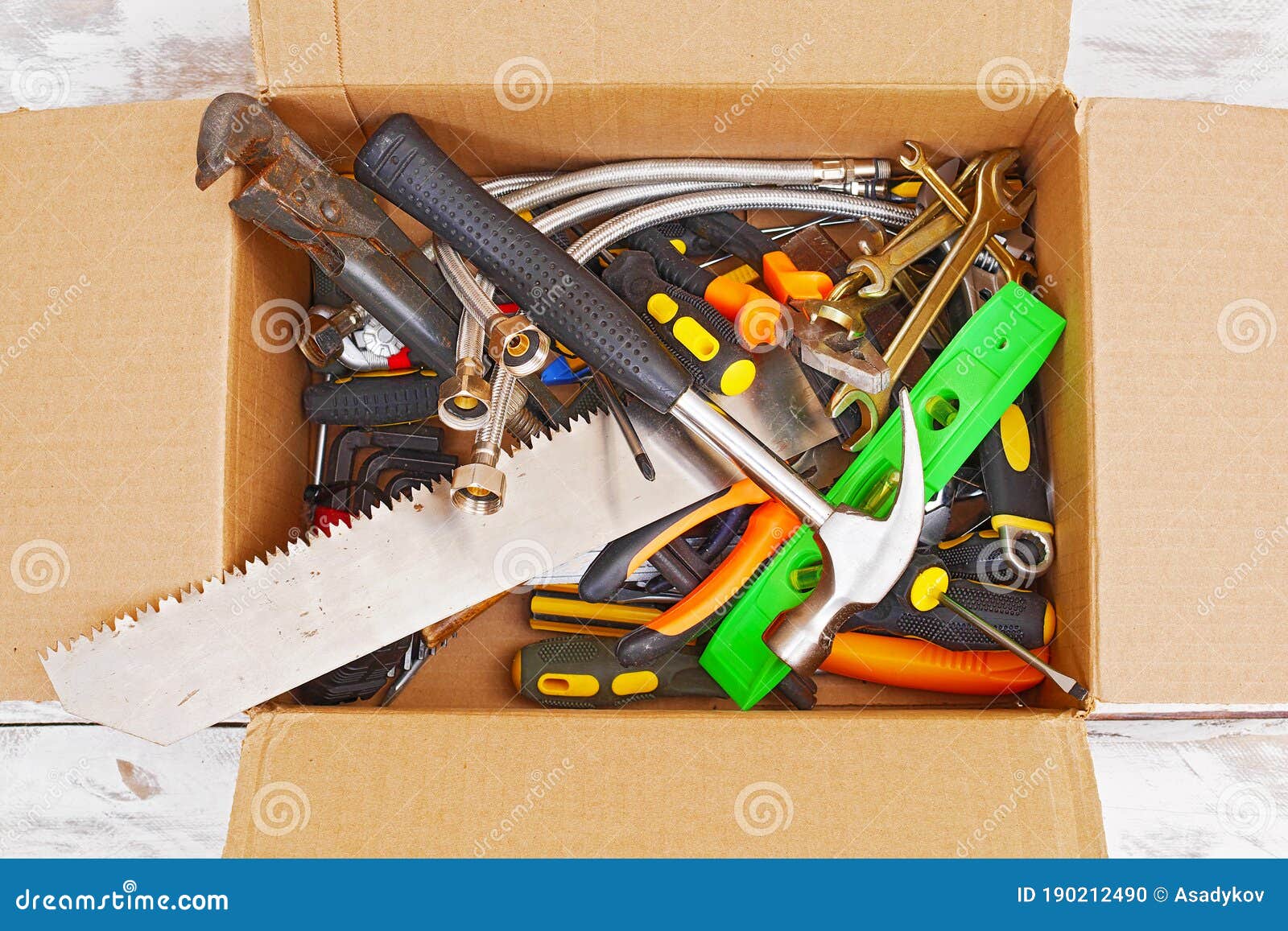 Various Handyman Tools in Cardboard Box Stock Photo - Image of toolkit ...