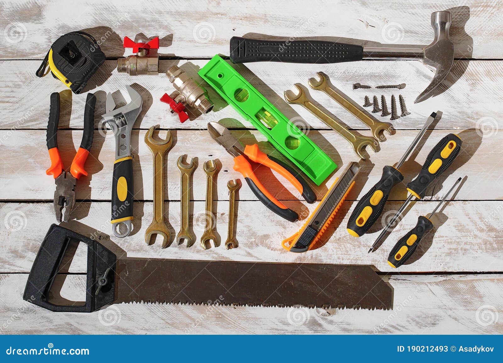 Various Handyman Tools of Wooden Table with Hard Light and Shadow, Flat ...