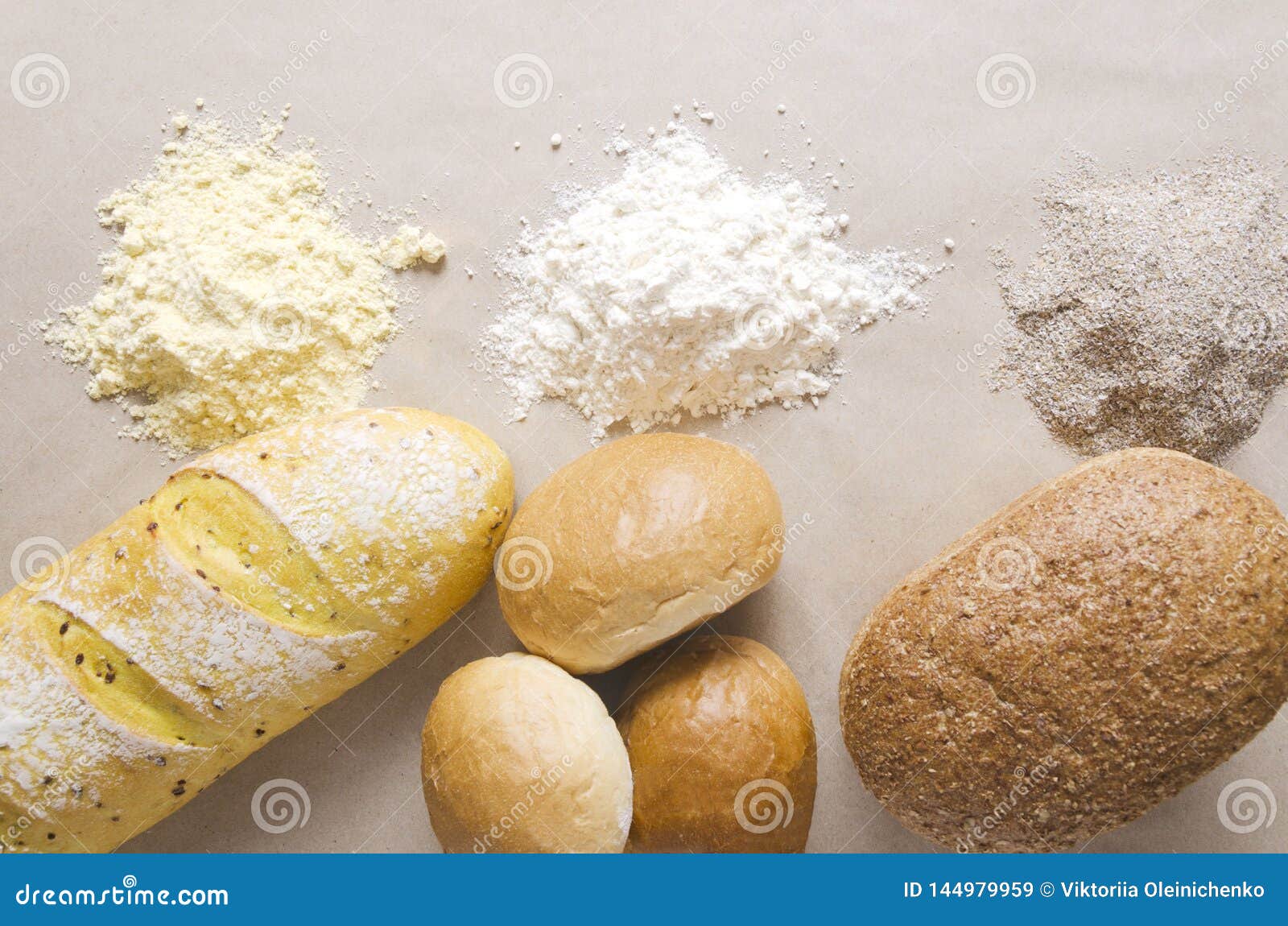 Top View of Various Kinds of Flour and Bread.Concept of Different Types ...