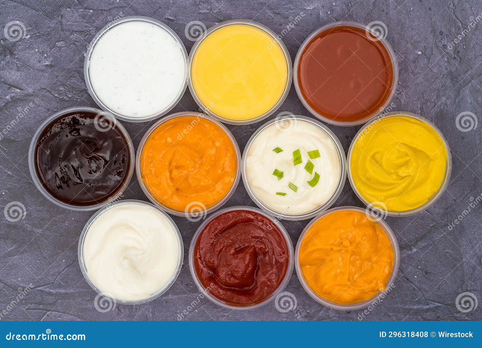 Top View of Various Sauces in Plates Stock Photo - Image of zesty ...