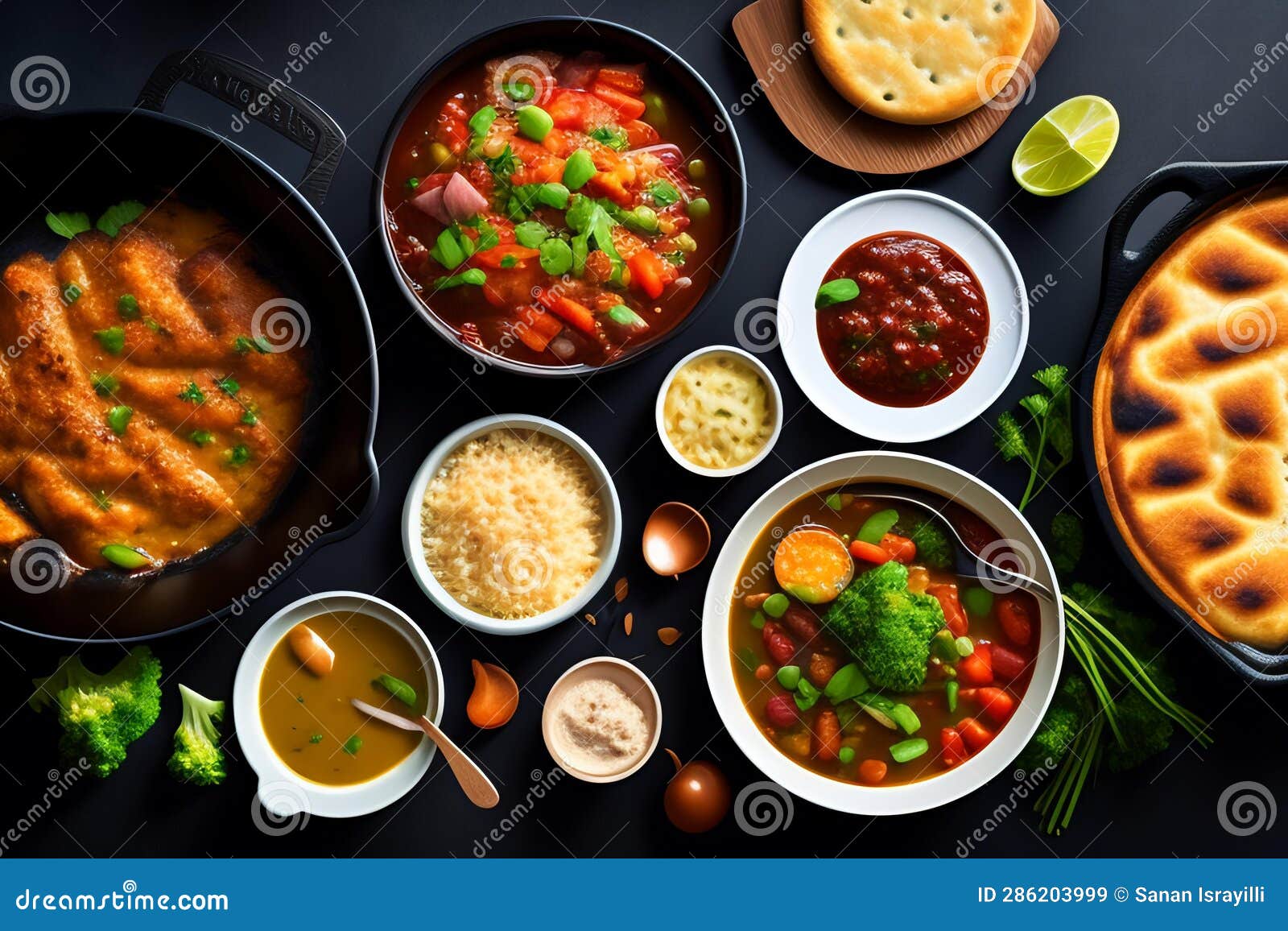 Top View of Various Soups in Bowls on a Black Background. Generative Ai ...