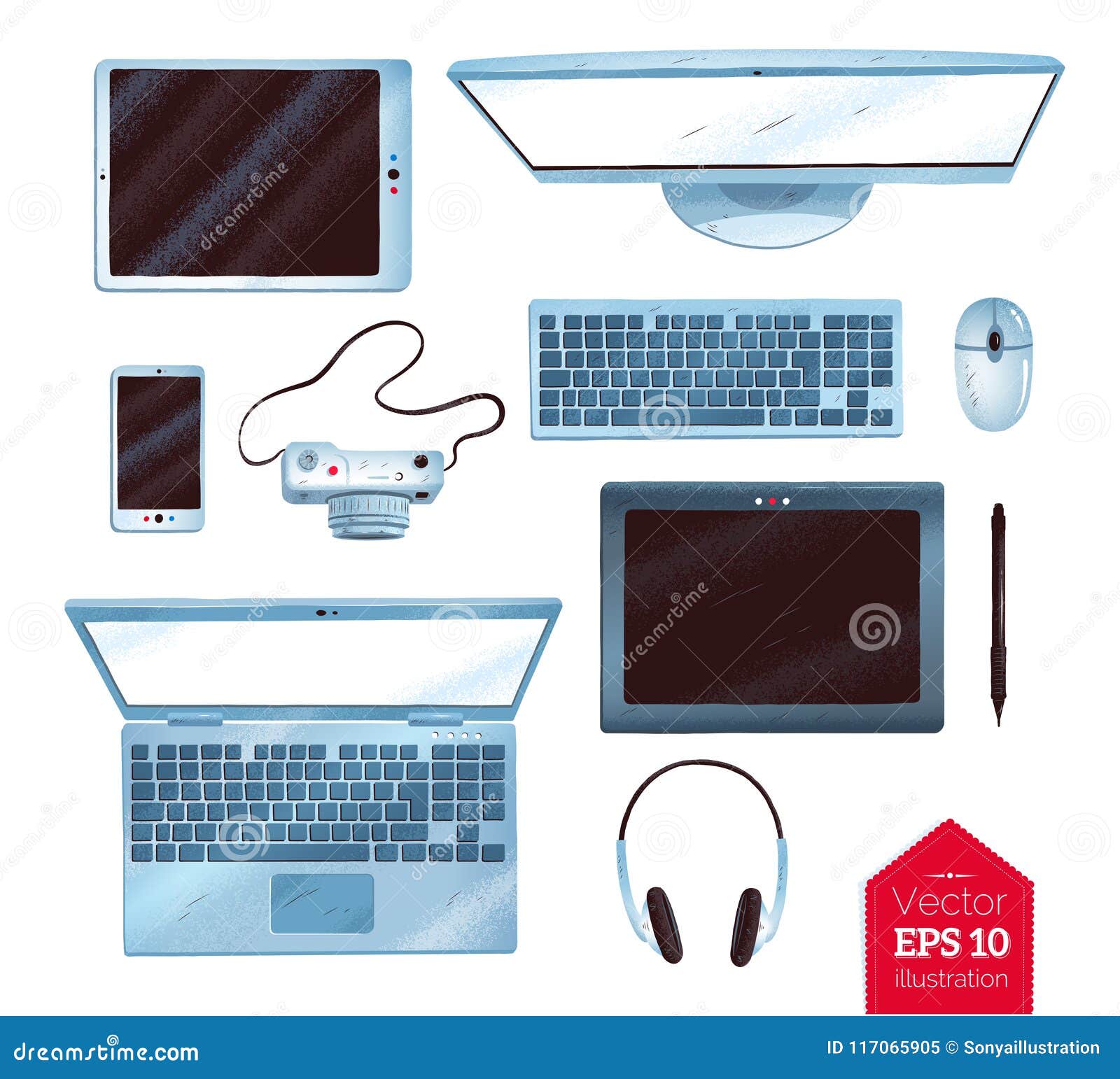 Vector Illustrations Set of Office Gadgets Stock Vector - Illustration ...