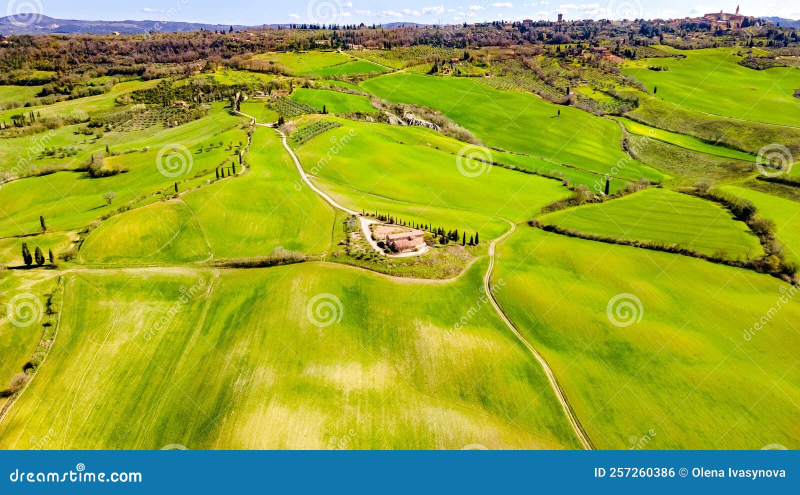 Top View of Verdant Tuscan Fields, Hills, Trees with a Thin Strip of ...