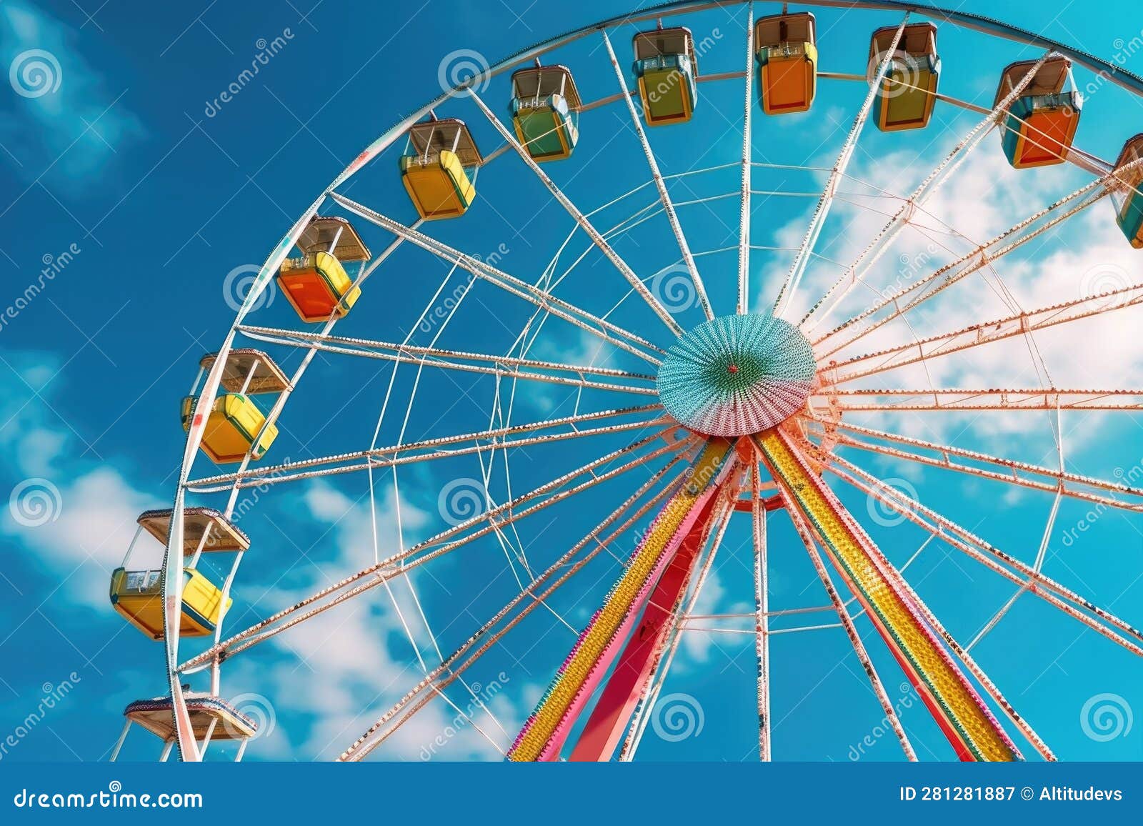 Top View of Vibrant Ferris Wheel Against Blue Sky Stock Illustration ...