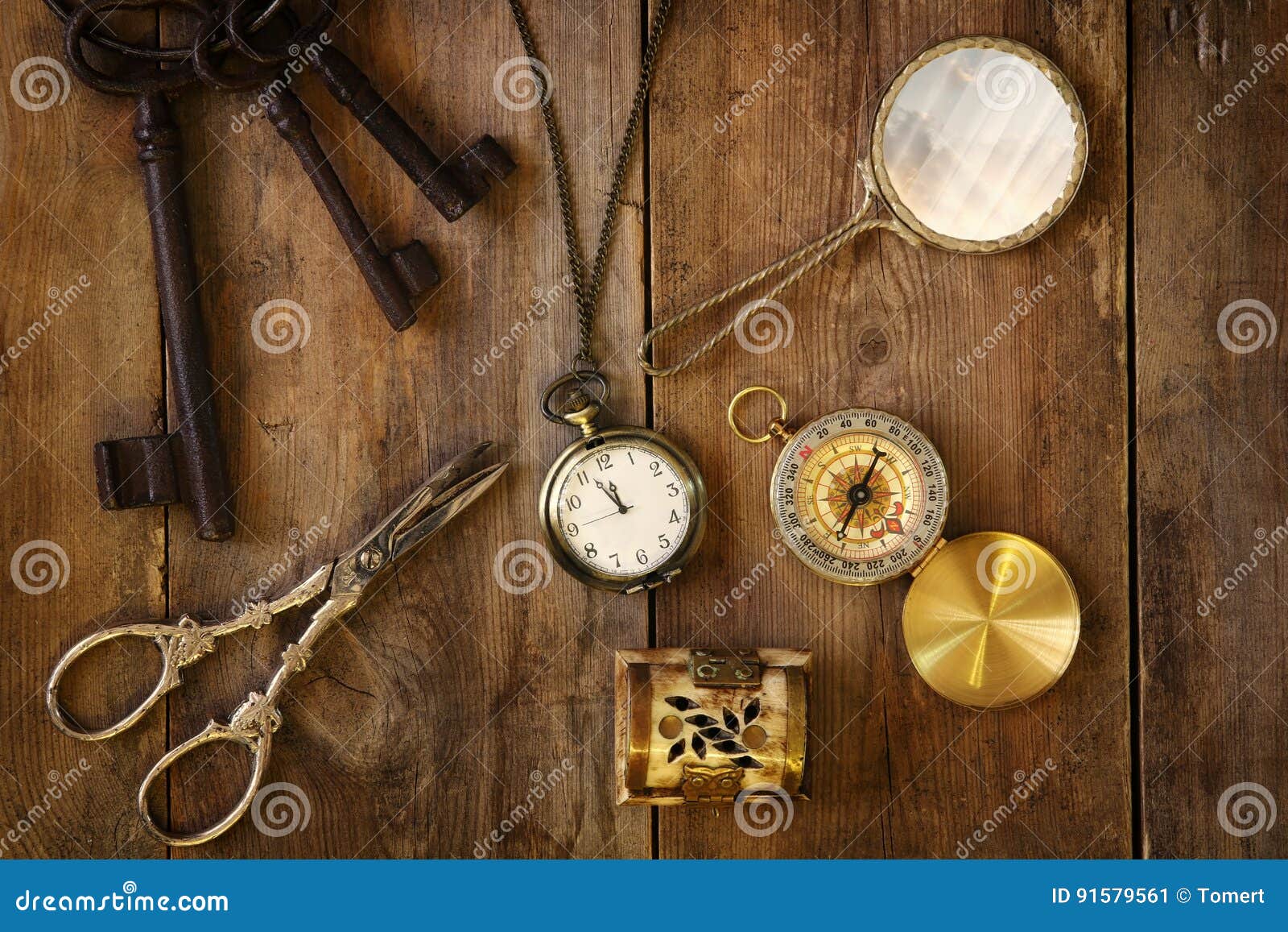 Top View of Vintage Objects Collection on Old Wooden Table Stock Image ...