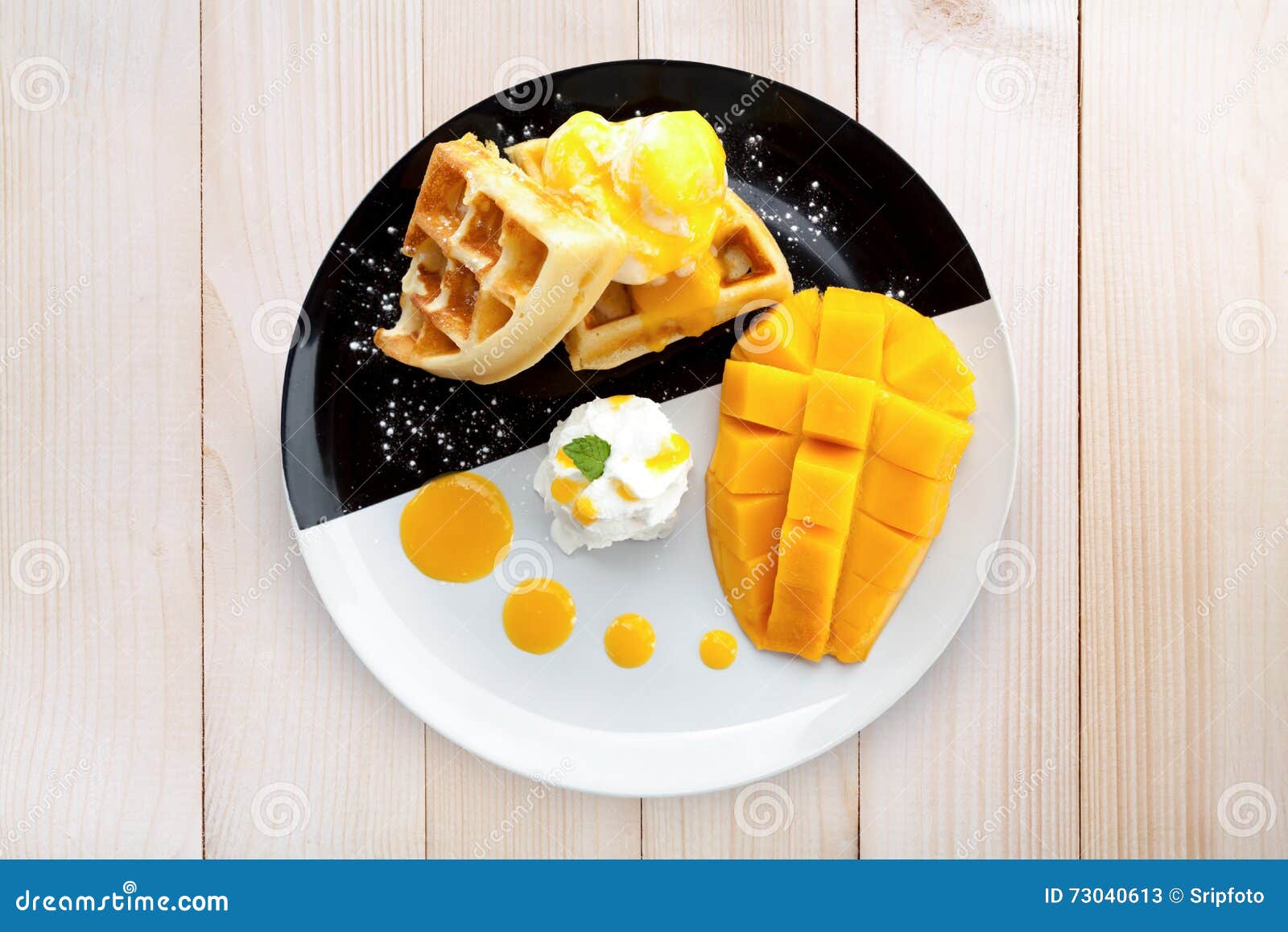 Top View Waffle with Ice Cream and Mango on Wood Table Stock Image ...