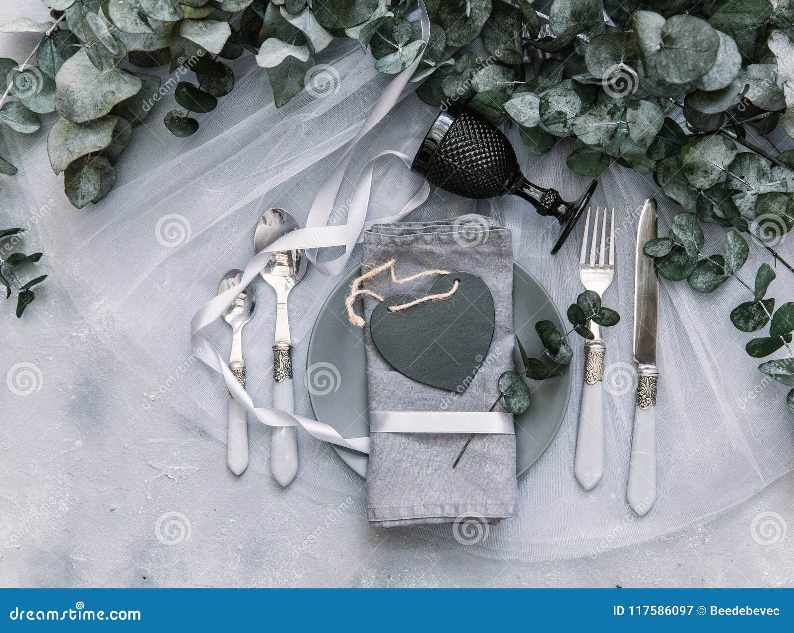 Top View Wedding Rustic Table with Eucalyptus. Stock Image - Image of ...