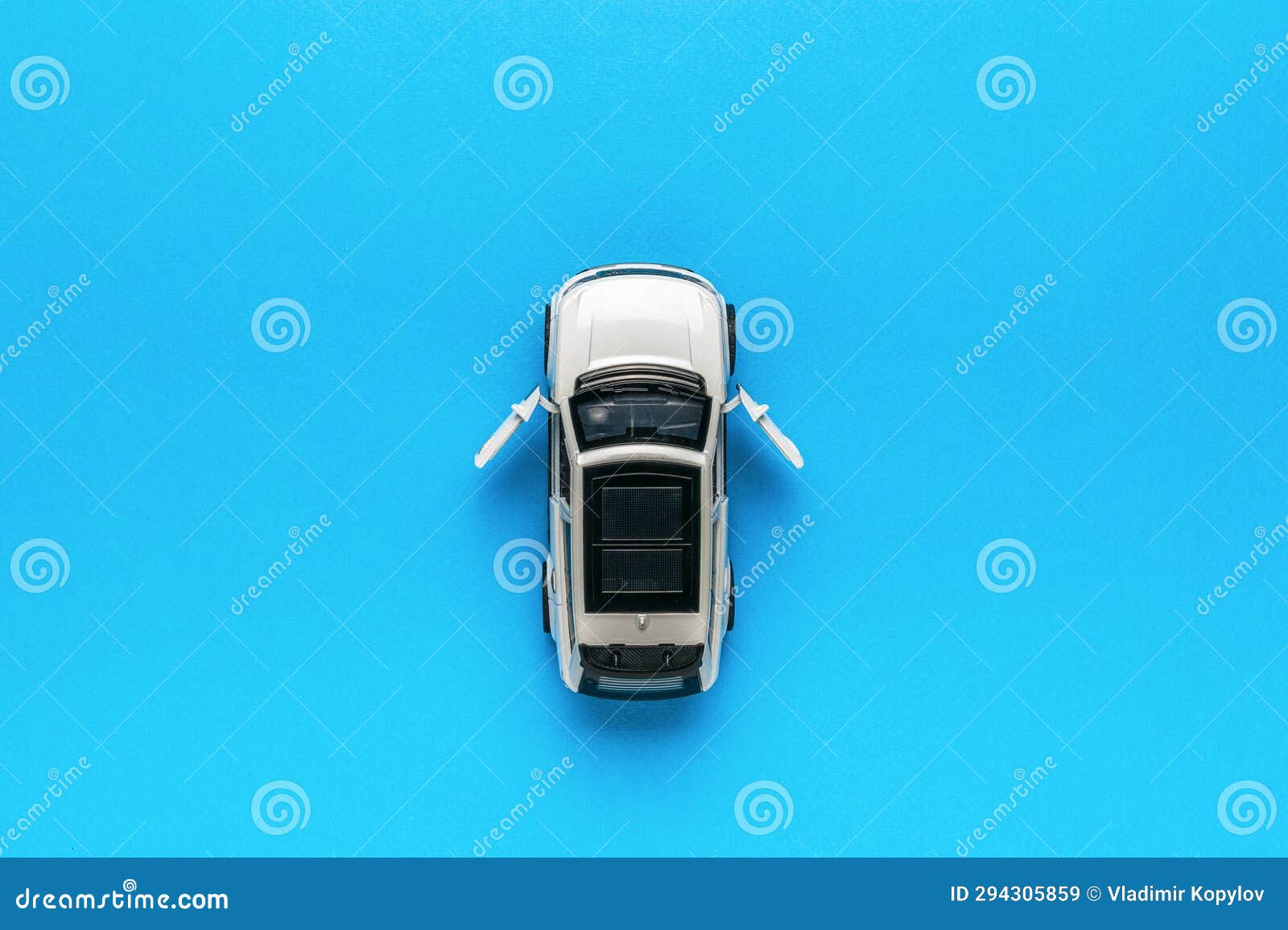 Top View of a White Car with Open Doors on a Blue Background Stock ...